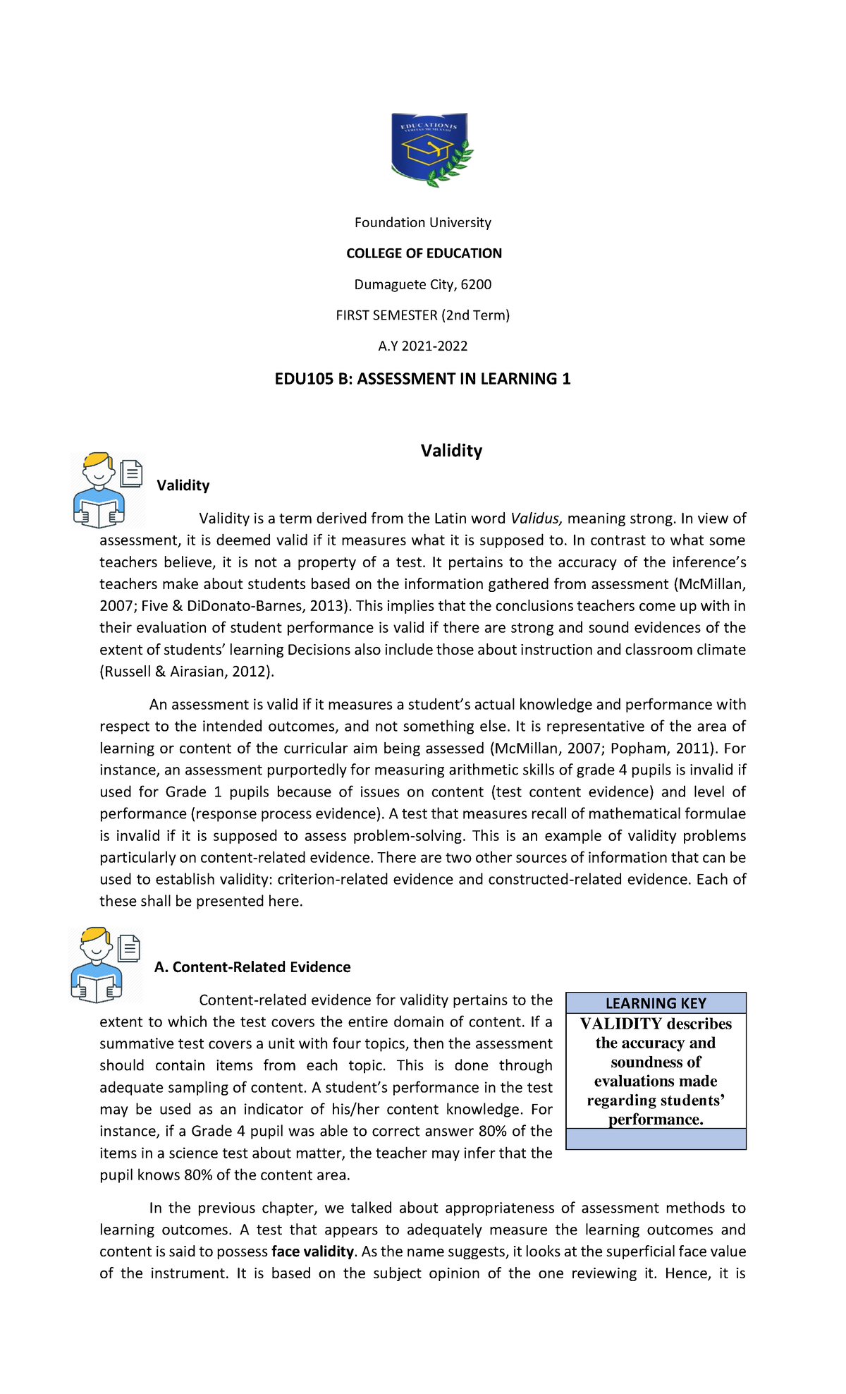 Learning Material 4 Validity - Foundation University COLLEGE OF EDUCATION Dumaguete City, 6200 ...