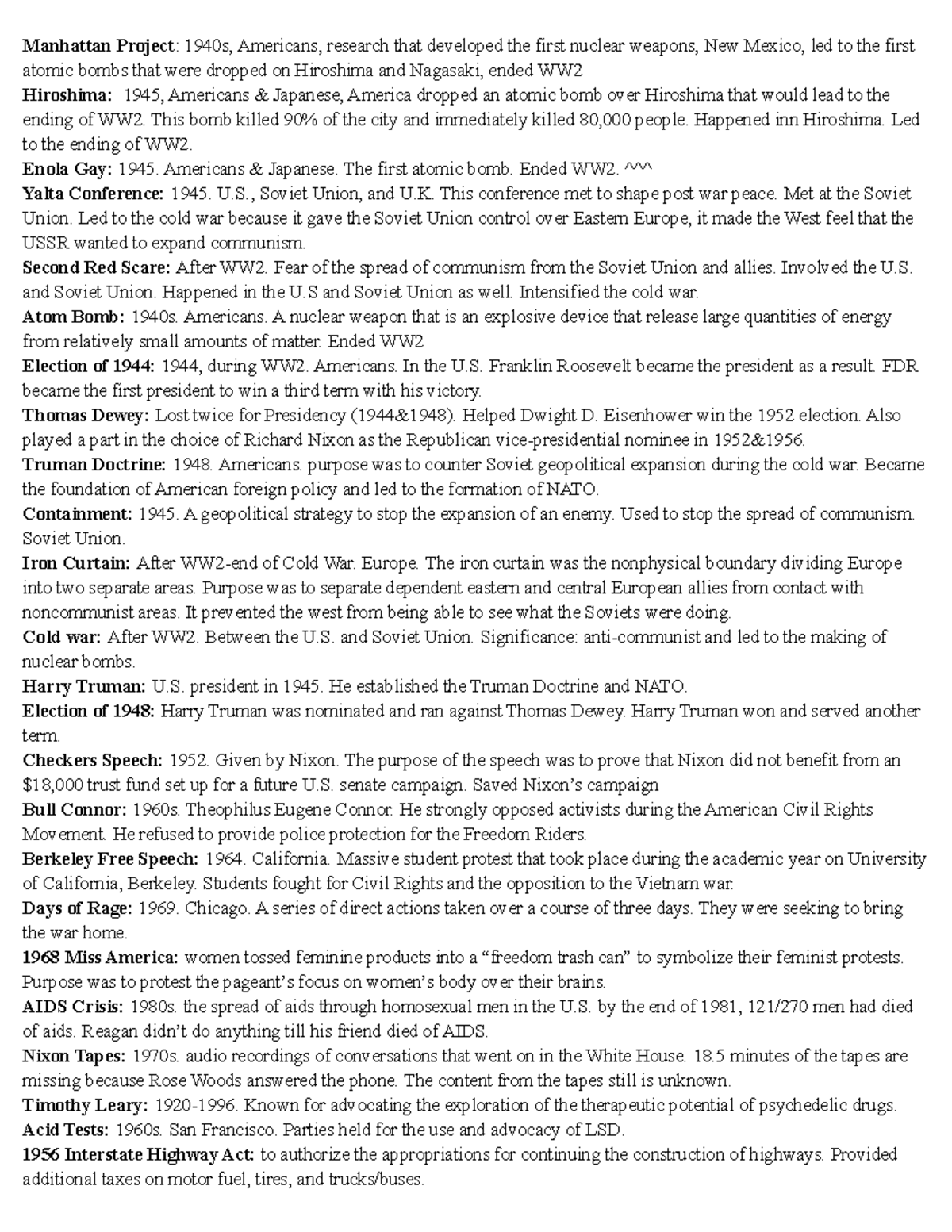 History final exam cheat sheet - Manhattan Project: 1940s, Americans ...