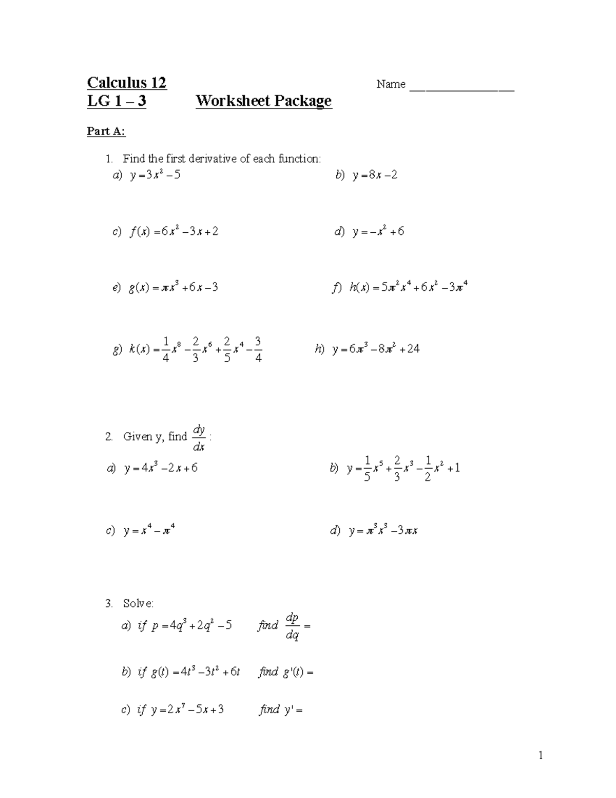 Calc Deri - Calc worksheet - Calculus 12 Name _____________ LG 1 – 3 ...