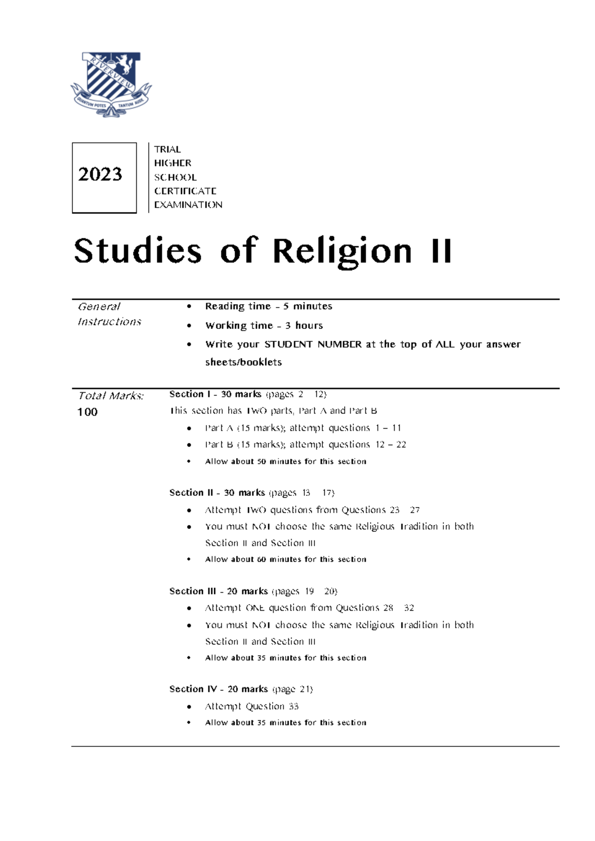 12SR2 Trial 2023 question paper - 2023 TRIAL HIGHER SCHOOL CERTIFICATE ...