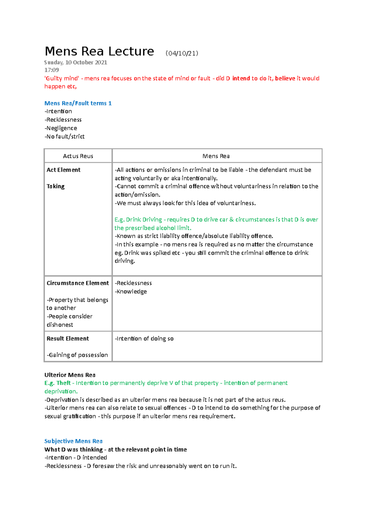 Mens rea lecture - Mens Rea Notes - Mens Rea Lecture (04/10/21) Sunday ...