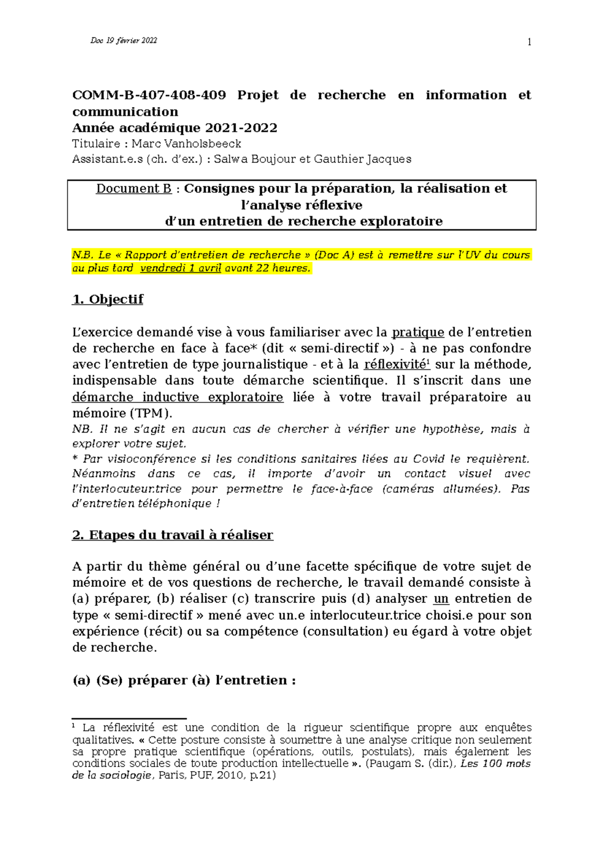DOC B-Consignes Rapport Entretiende Rech-2022 - Doc 19 février 2022 COMM-B-407-408-409 Projet de ...