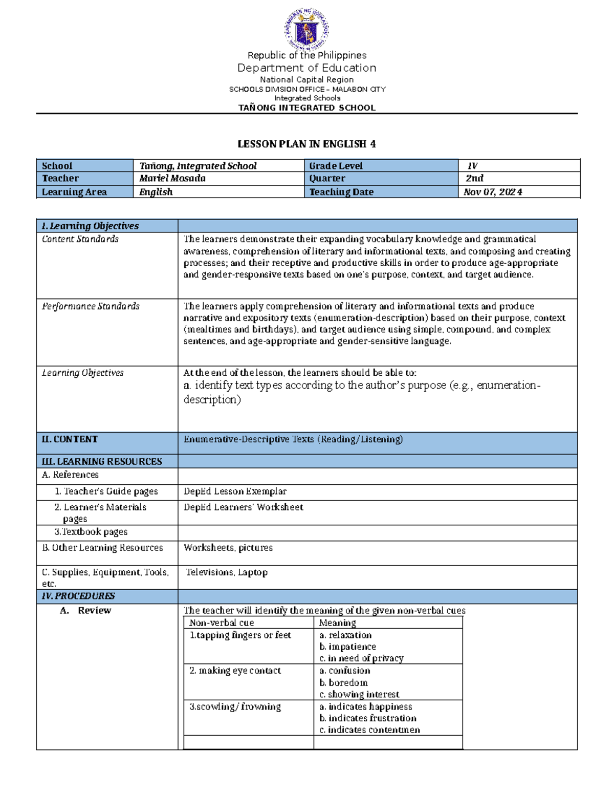 DLP - nov-7 - LESSON PLAN - Republic of the Philippines Department of ...