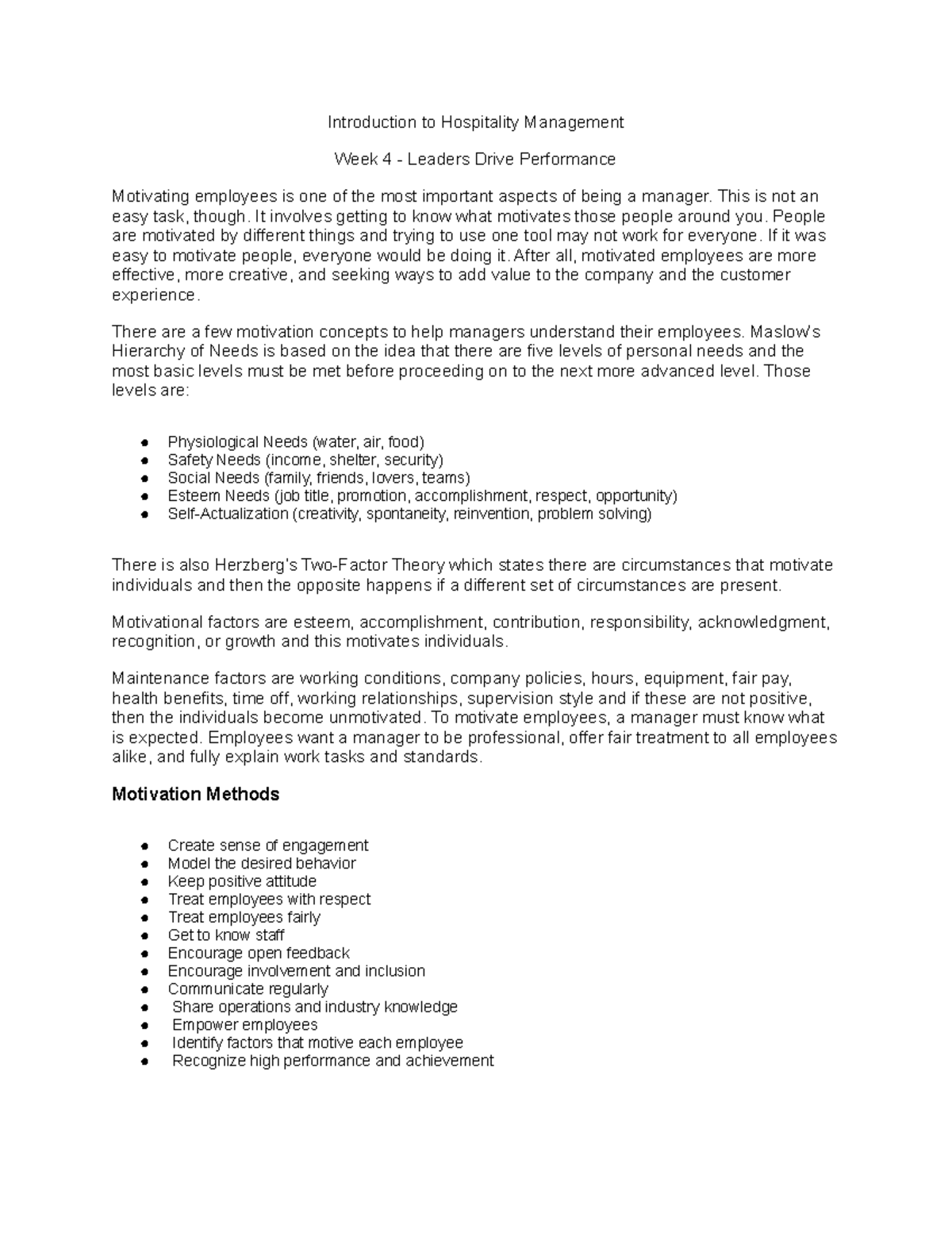 Introduction of Hospitality Management. Week 4 (Notes) Leaders Drive ...