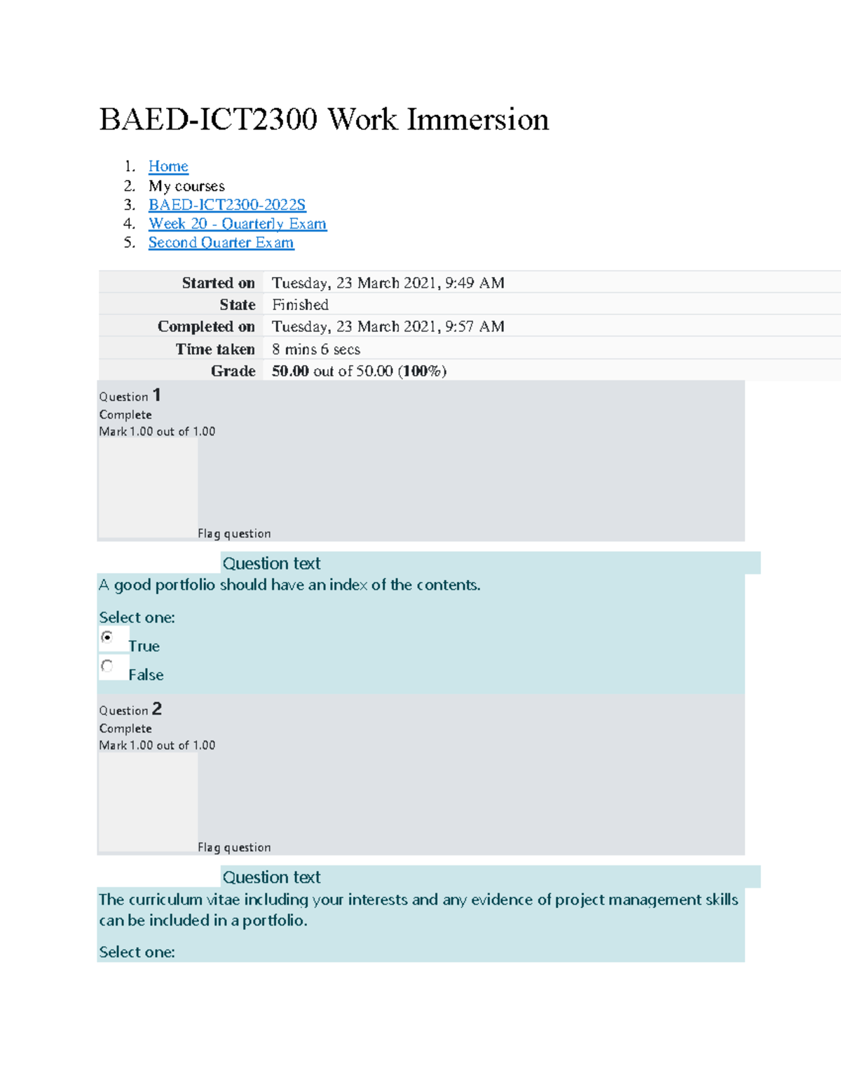 Pdfcoffee - BAED-ICT2300 Work Immersion 1. Home 2. My courses 3. BAED-ICT2300-2022S 4. Week 20 ...