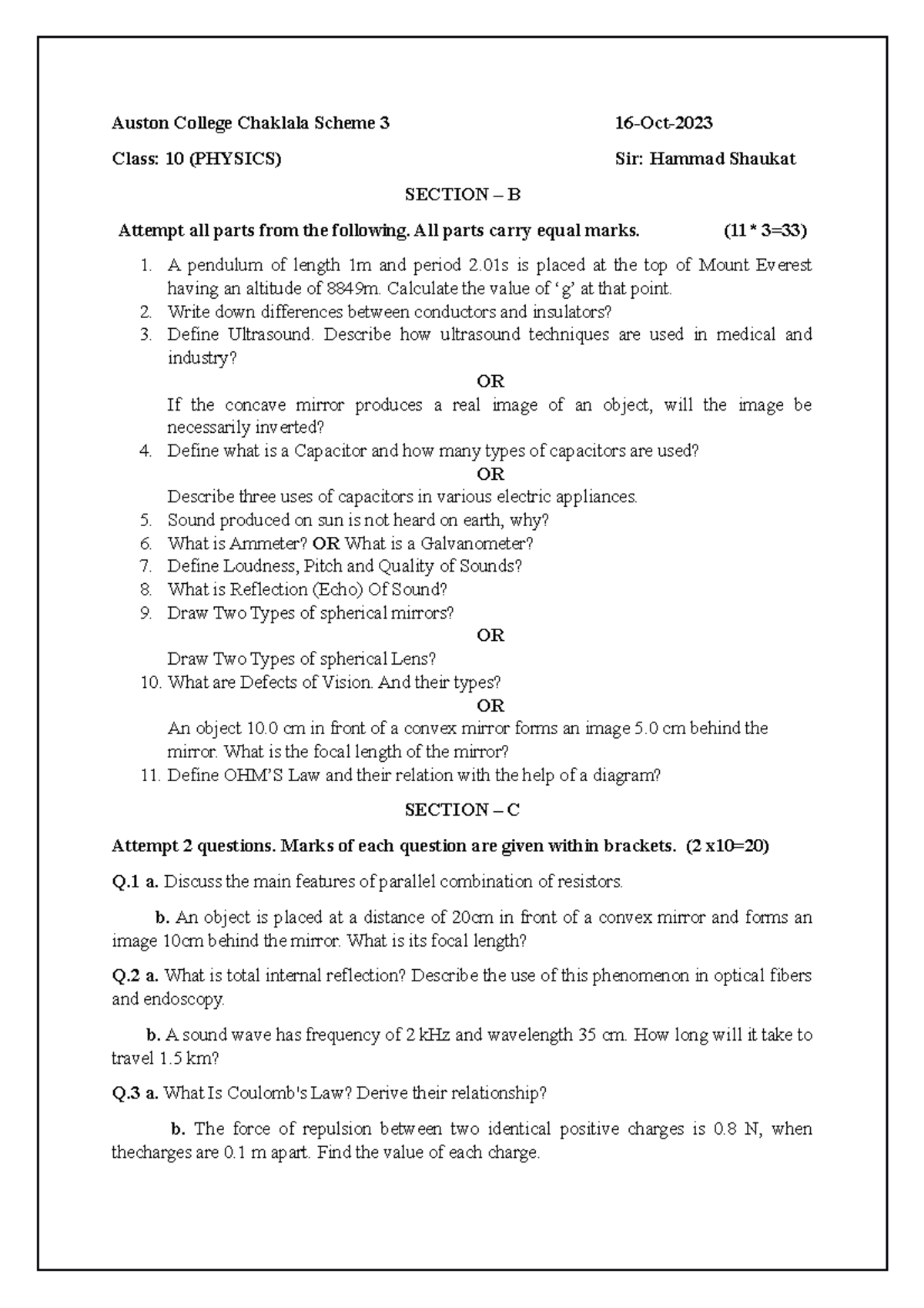 Class 10 Physics Paper - Auston College Chaklala Scheme 3 16-Oct- Class ...