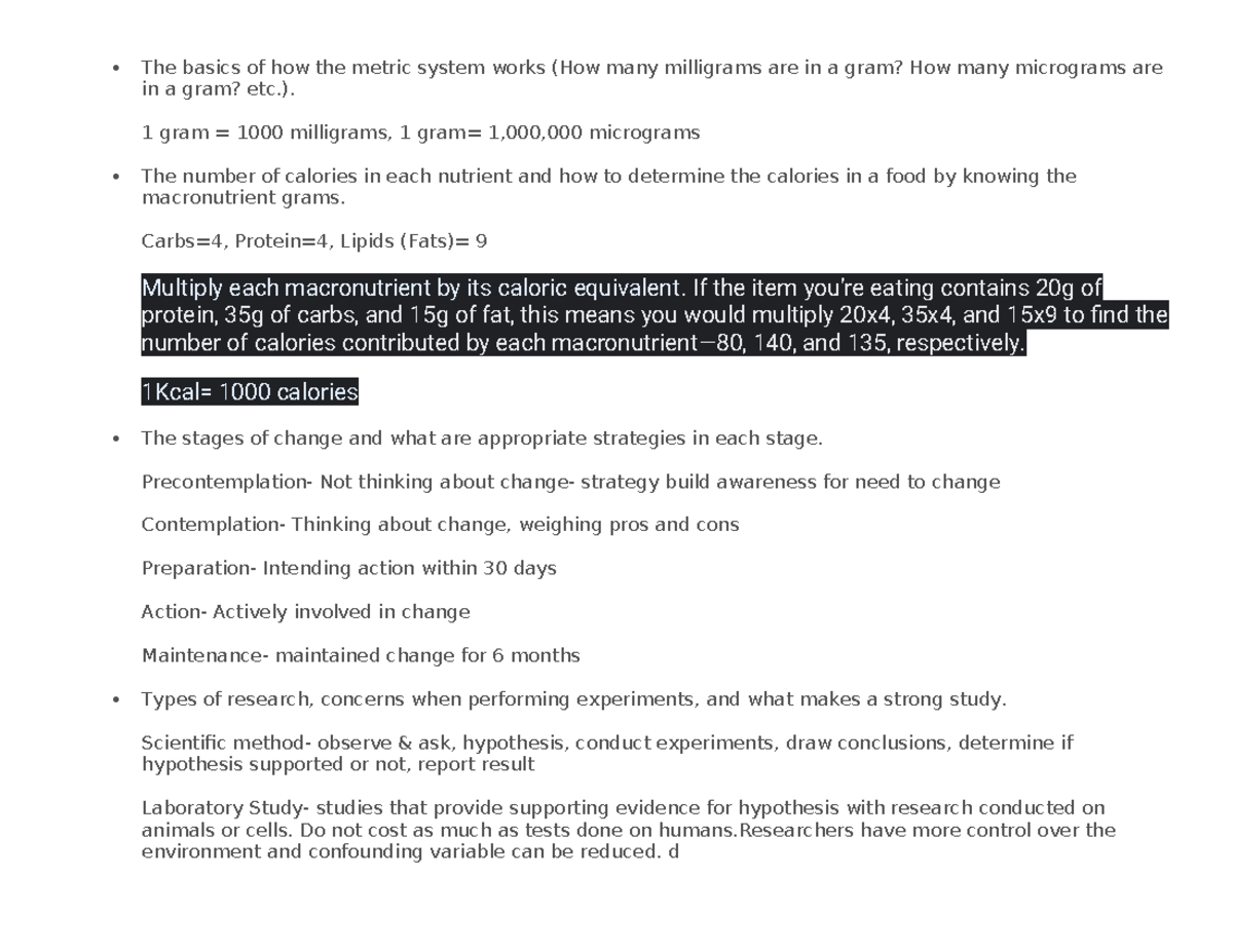 Exam 1, Study Notes - The basics of how the metric system works (How ...