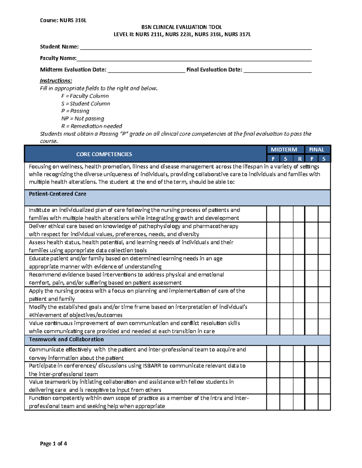 NURS 316L - BSN Clinical Evaluation Tool Level II-1 - BSN CLINICAL ...