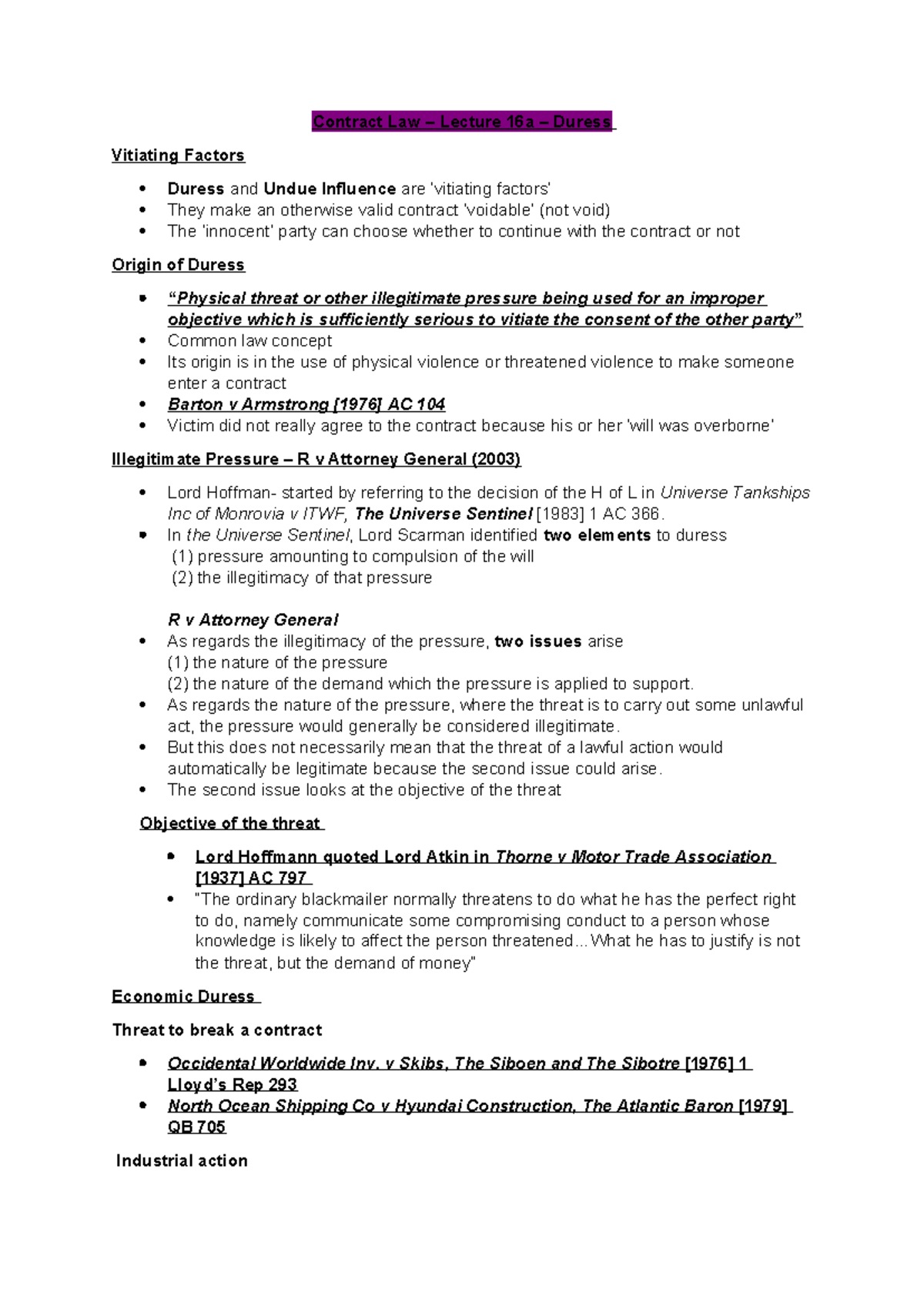 Contract - 16a - lecture 16a - Contract Law – Lecture 16a – Duress ...