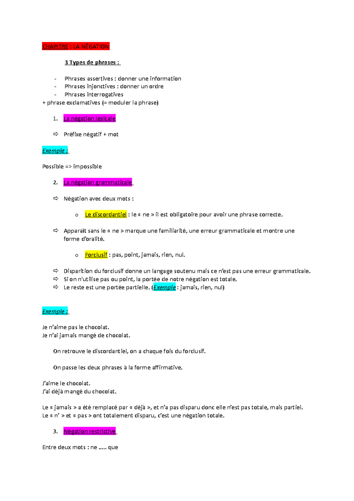 LA Négation - CHAPITRE : LA NÉGATION 3 Types de phrases : Phrases ...