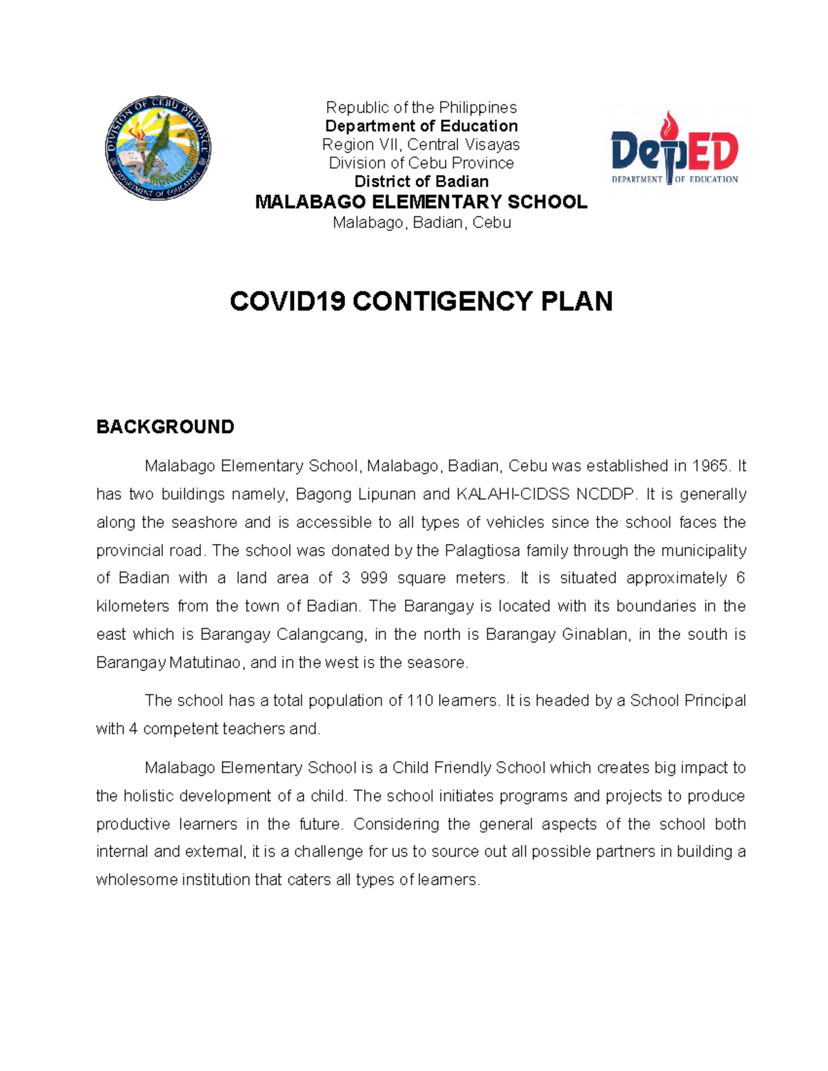 Malabago ES Covid 19 Contingency PLAN final - Republic of the ...