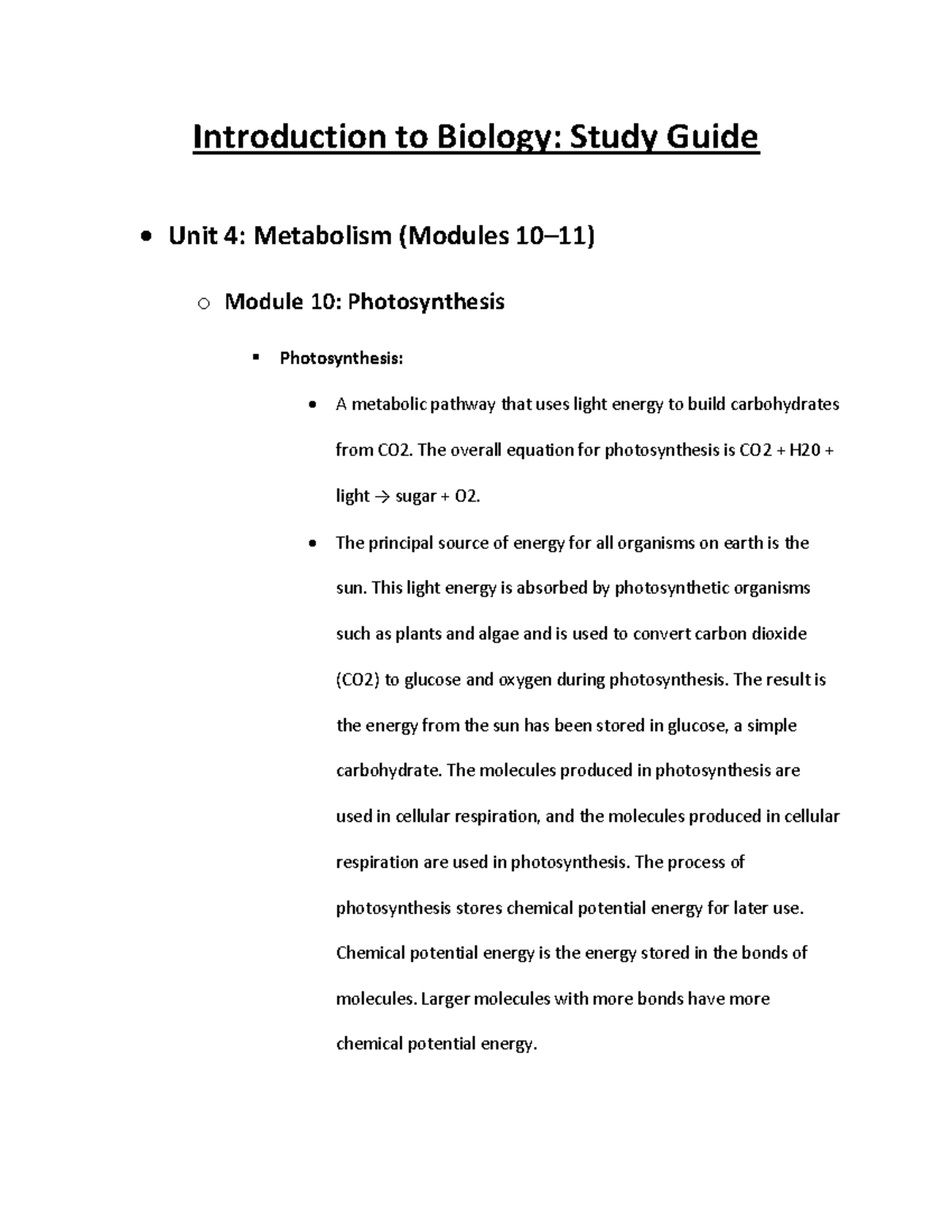 Bio Study Guide Unit 4 - Module 4. - Introduction to Biology: Study ...