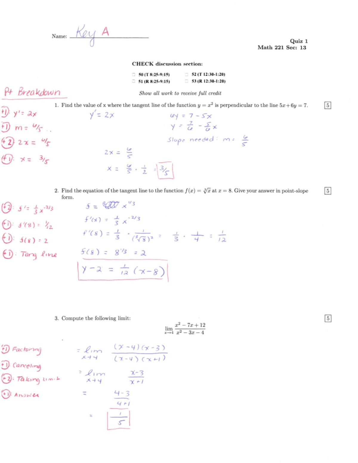 Math221 Old Quiz 1A KEY - Mathematics - MATH221 - Studocu