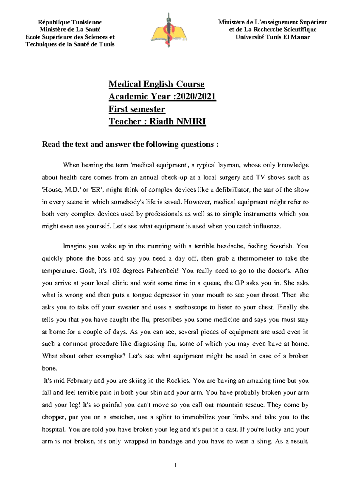 Medical English Course 1 - 1 Medical English Course Academic Year :2020 ...