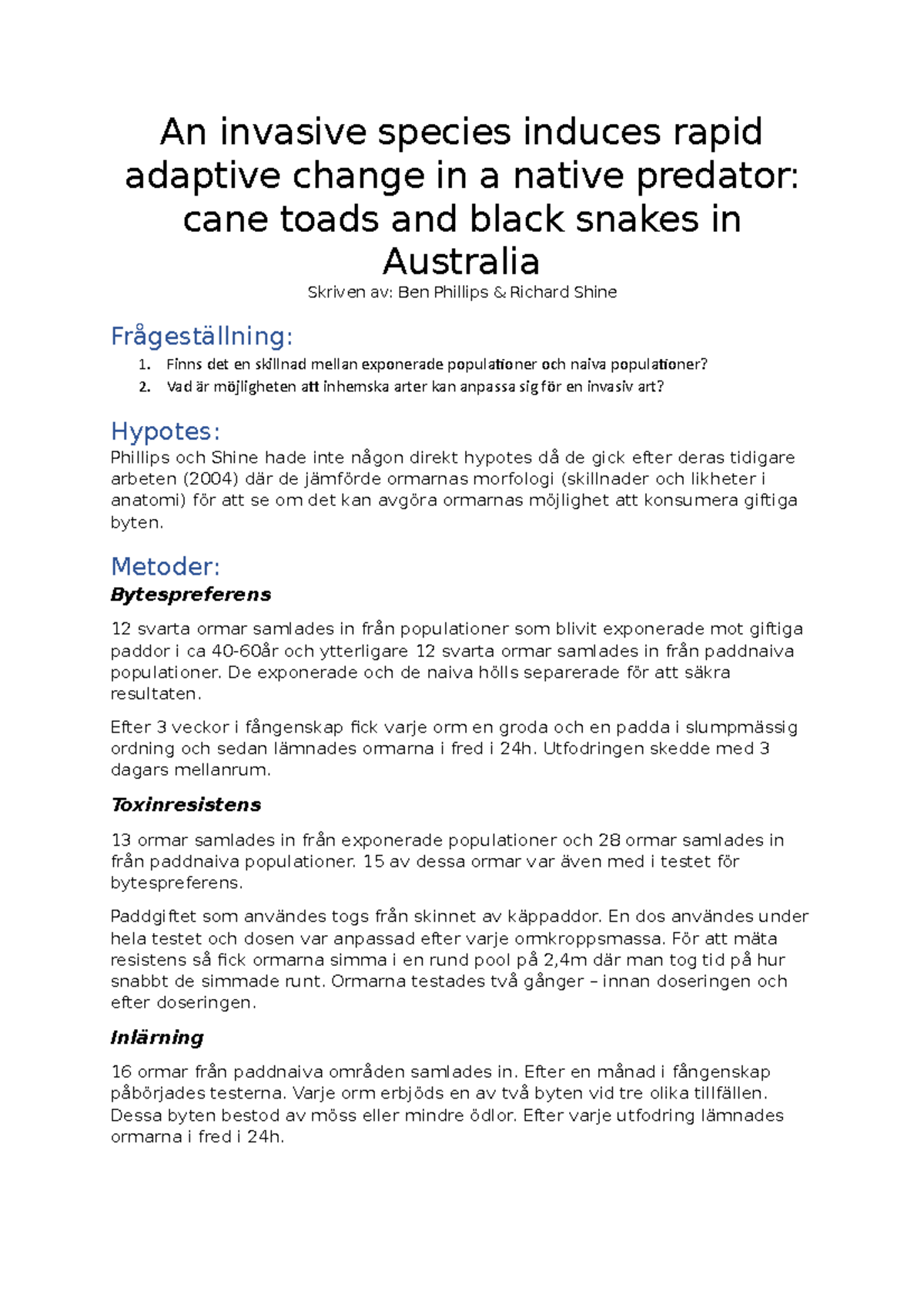 Litteraturuppgift - An invasive species induces rapid adaptive change ...