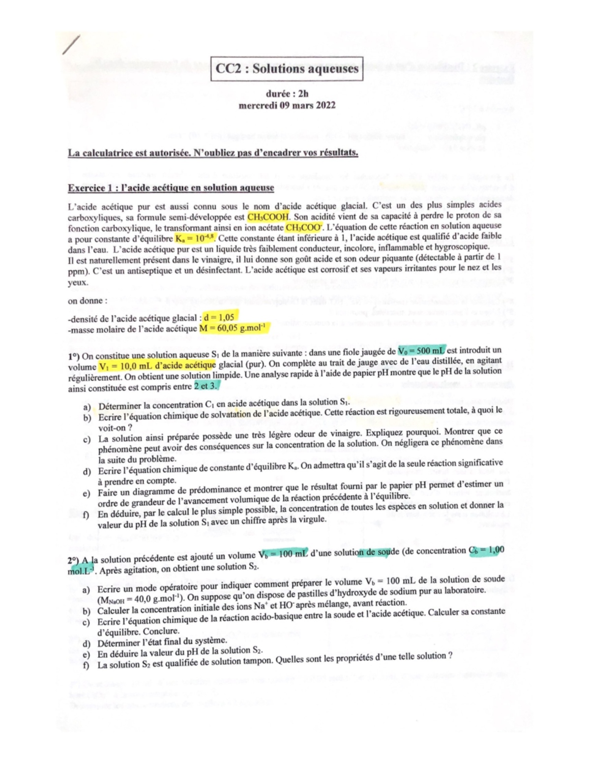 CC2 - Sujet d'examen pour s'entraîner sur la chimie des solutions. Thème : Dosages - Studocu