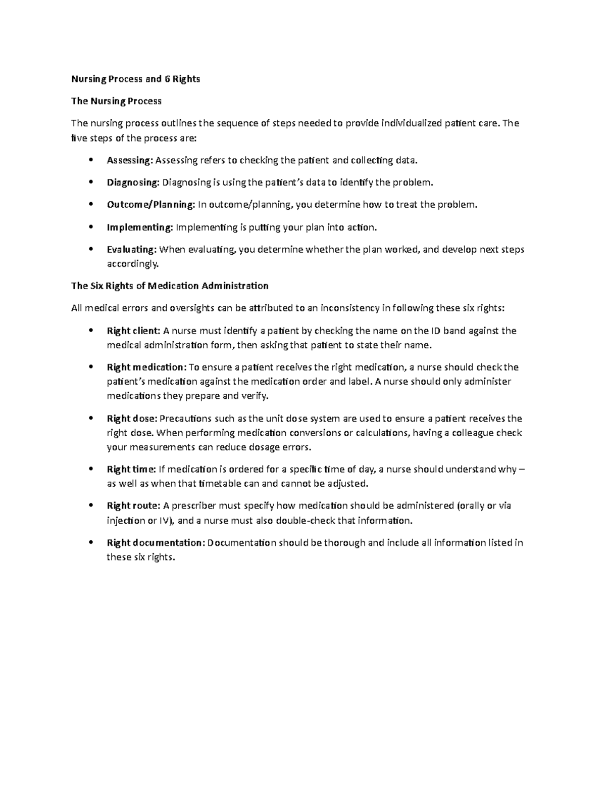 Nursing Process and 6 Rights - NUR-103 - Durham Tech - Studocu