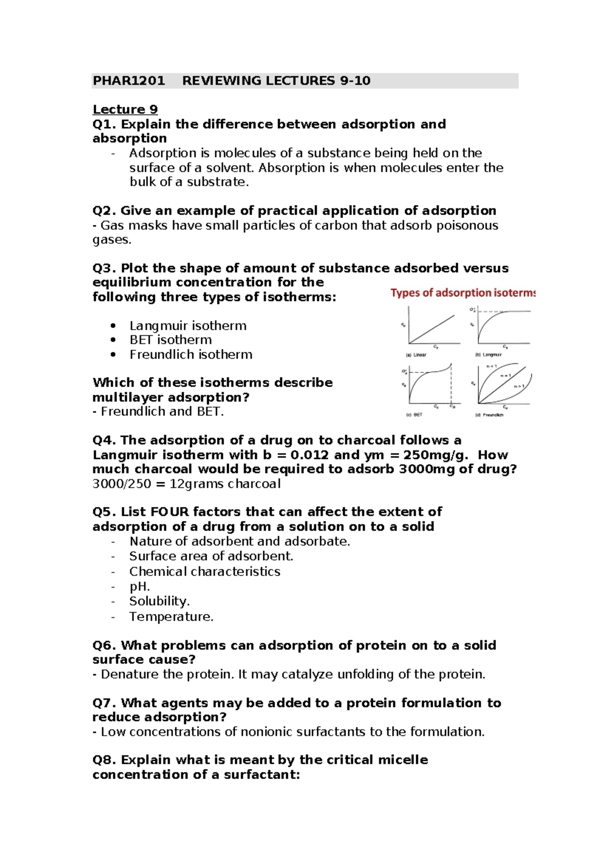 PHAR1201 Week 5 Review-1 - PHAR1201 REVIEWING LECTURES 9- Lecture 9 Q1. Explain the difference ...