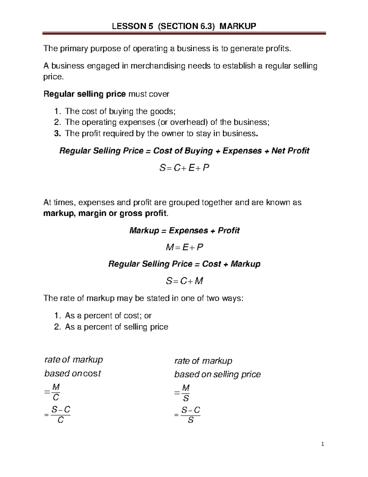 Lesson 5 6.3 Markup - business math - The primary purpose of operating ...