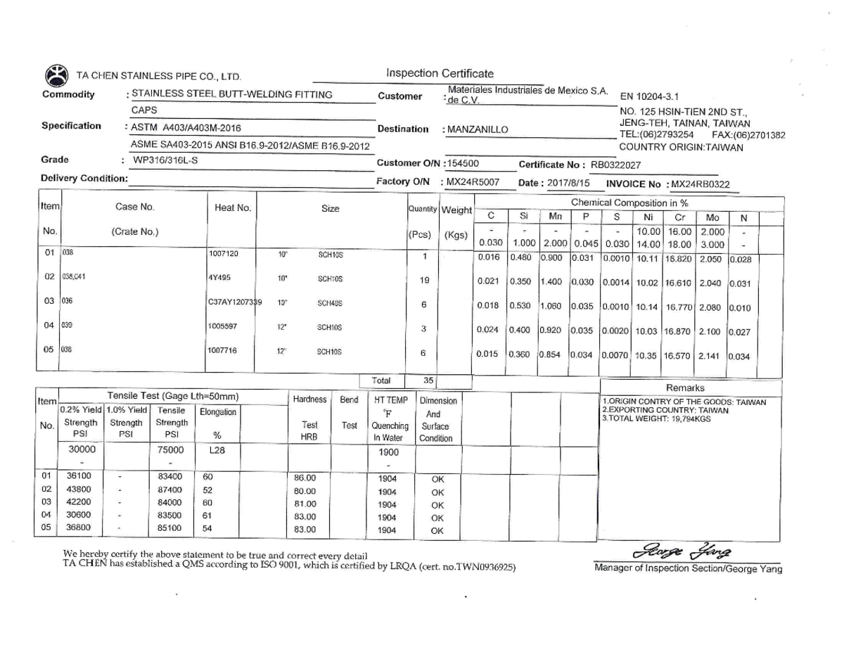 1007120-316SCTC010254 - TA CHEN STAINLESS PIPE CO., LTD. Inspection ...
