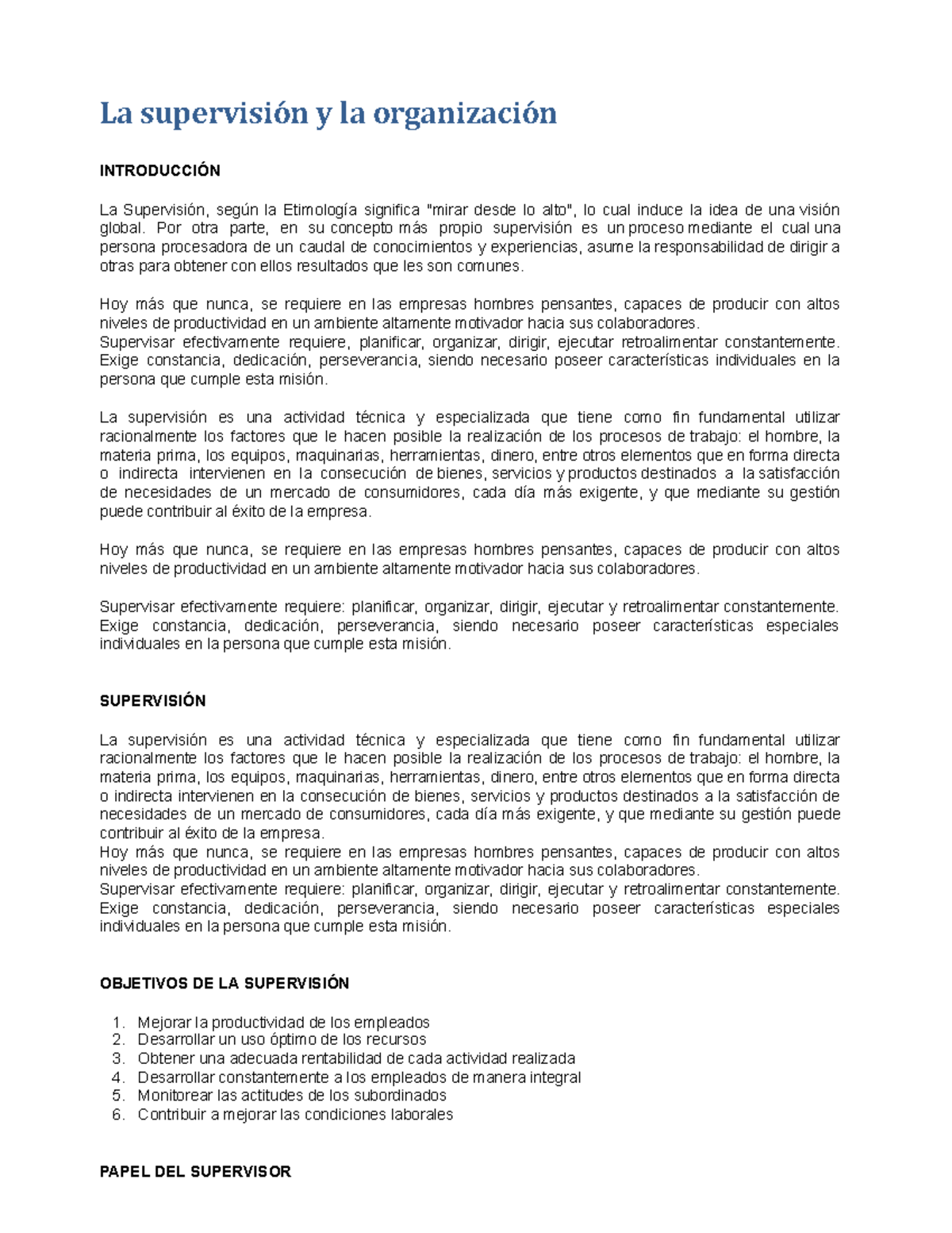 La supervisión y la organización administrativa - La supervisión y la ...