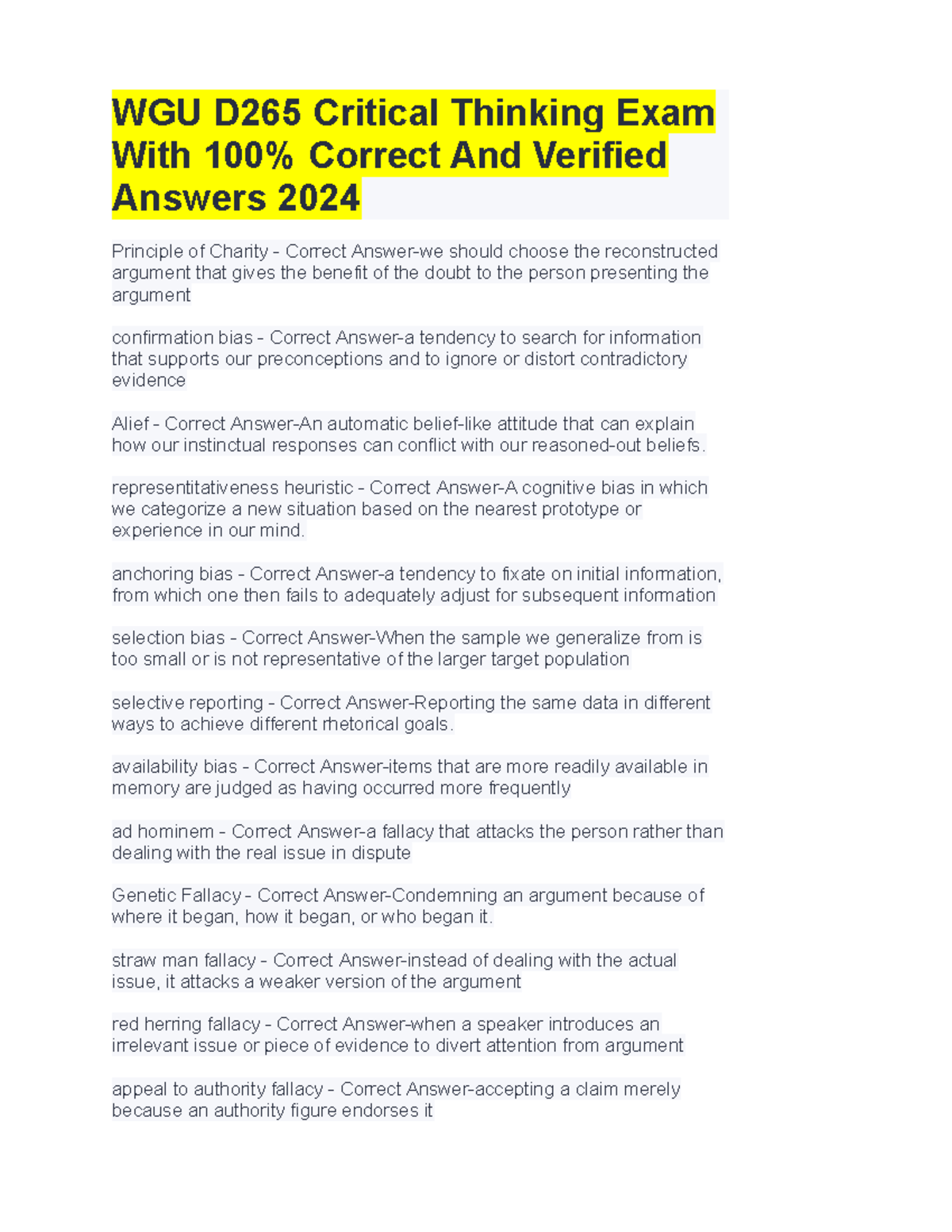 WGU D265 - WGU D265 - WGU D265 Critical Thinking Exam With 100% Correct ...