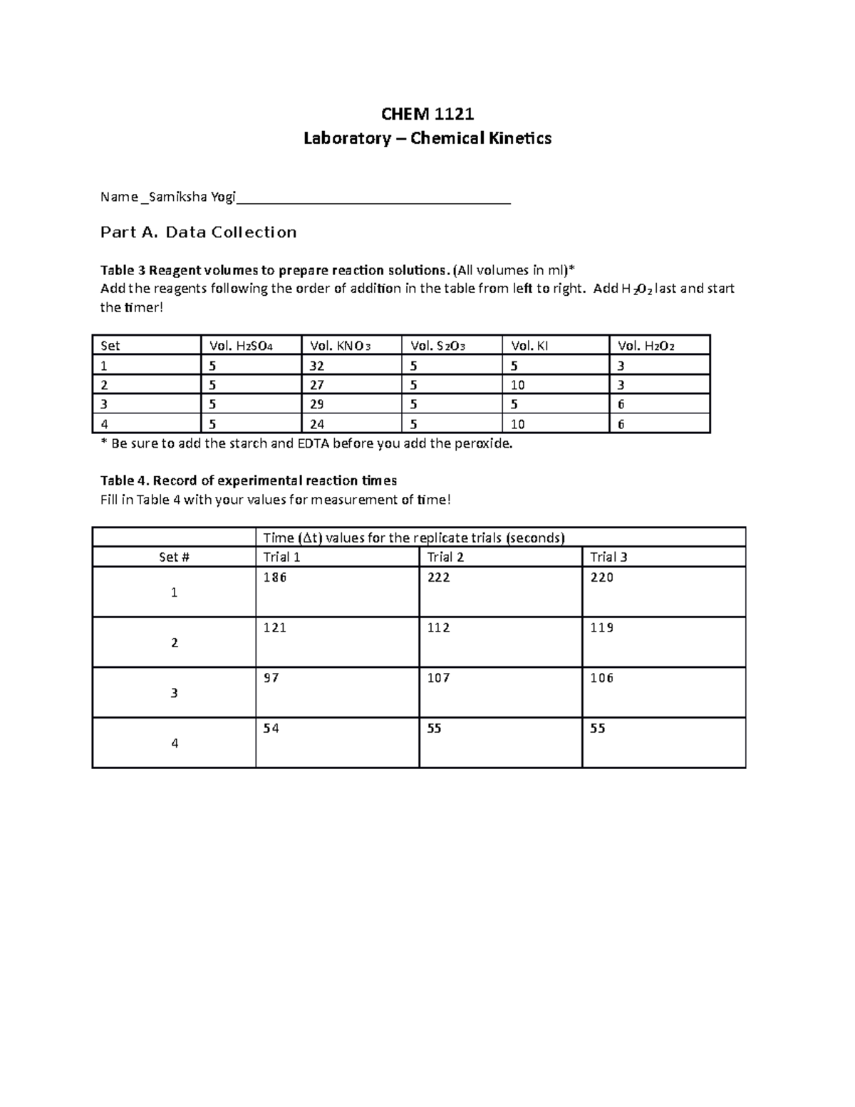 Chemical Kinetics lab - CHEM 1121 Laboratory – Chemical Kinetics Name ...