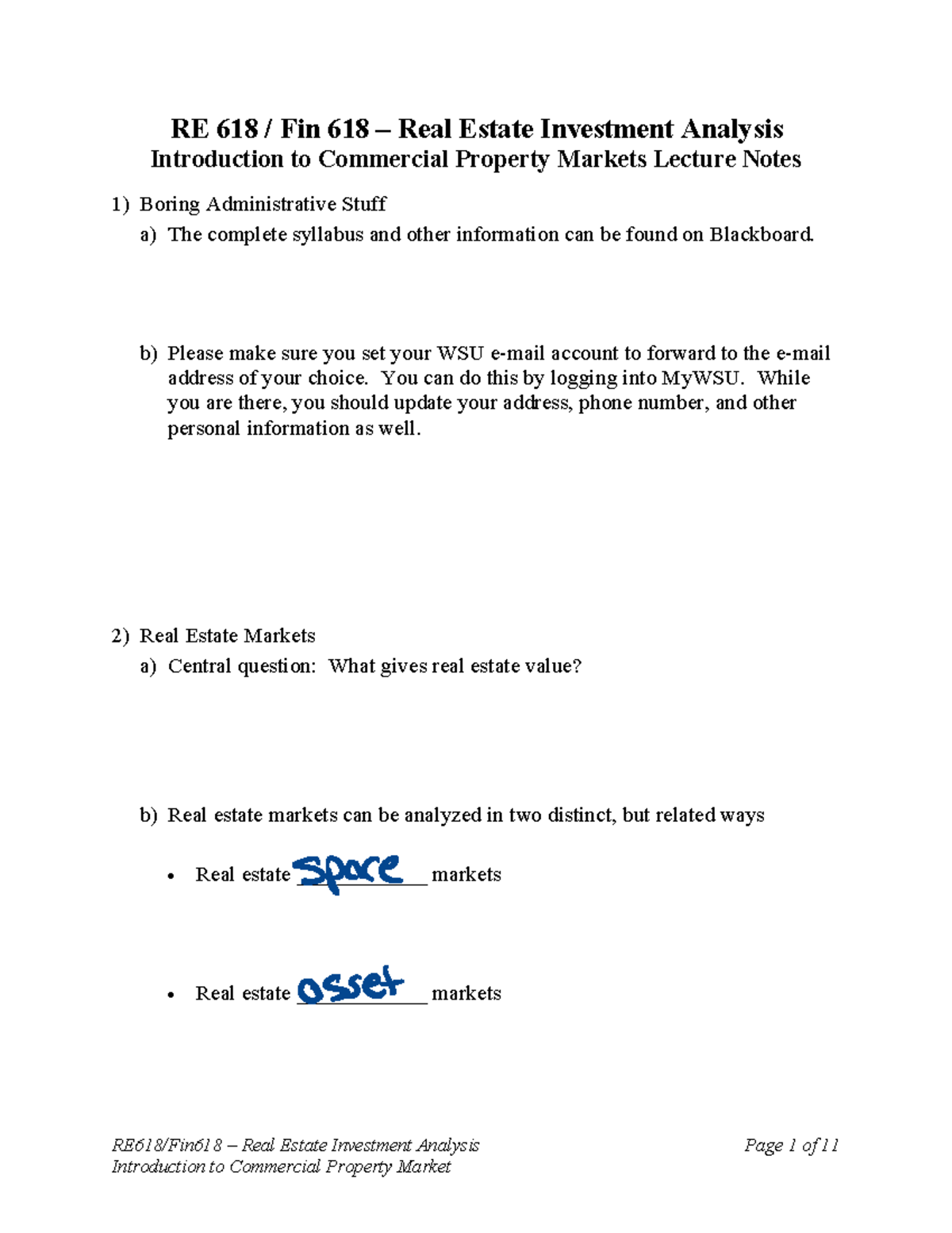 RE618 - Introduction to Commercial Property Markets - Class Notes ...
