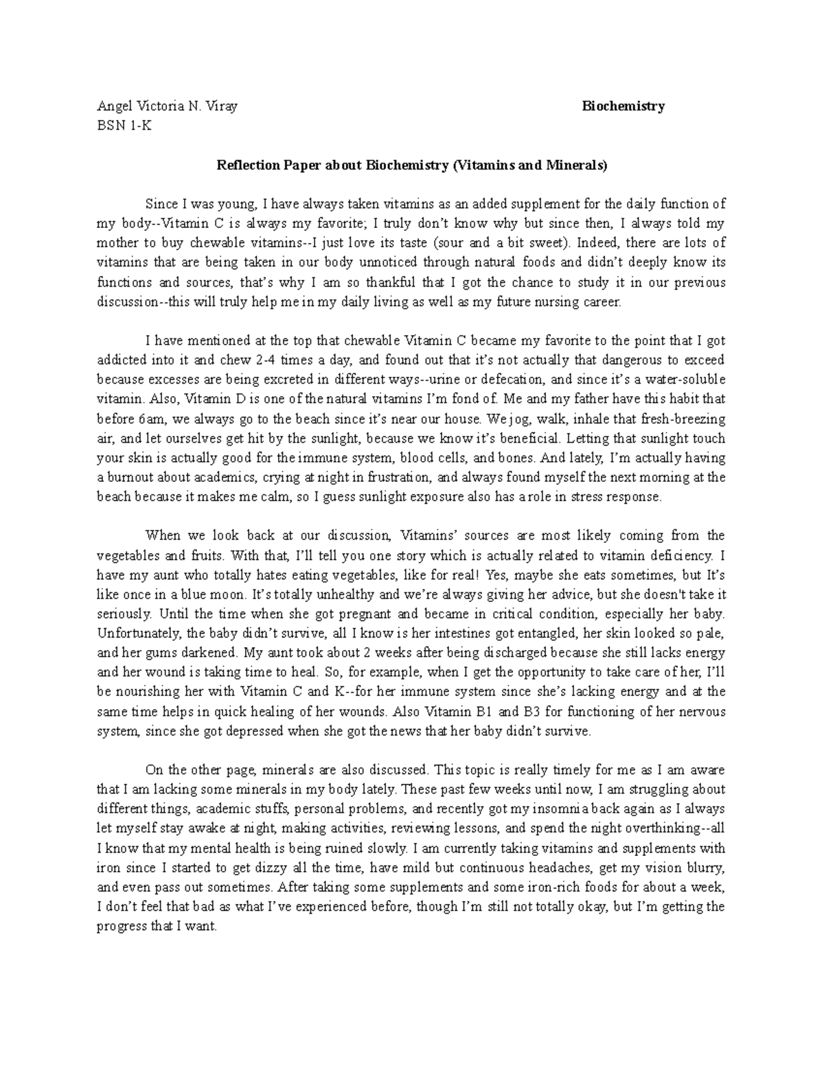 Reflection Paper about Biochemistry (Vitamins and Minerals) - Angel ...