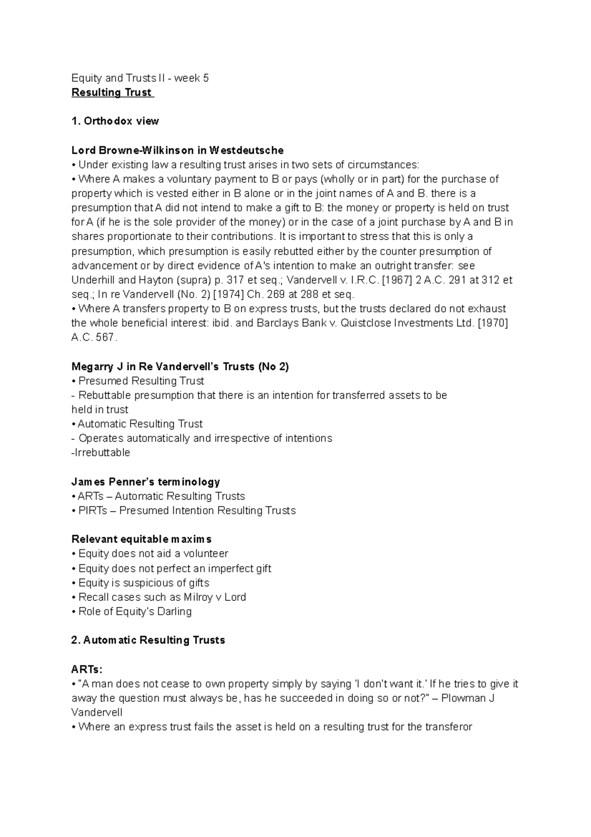 Equity and Trusts II - Resulting Trust - Equity and Trusts II - week 5 ...