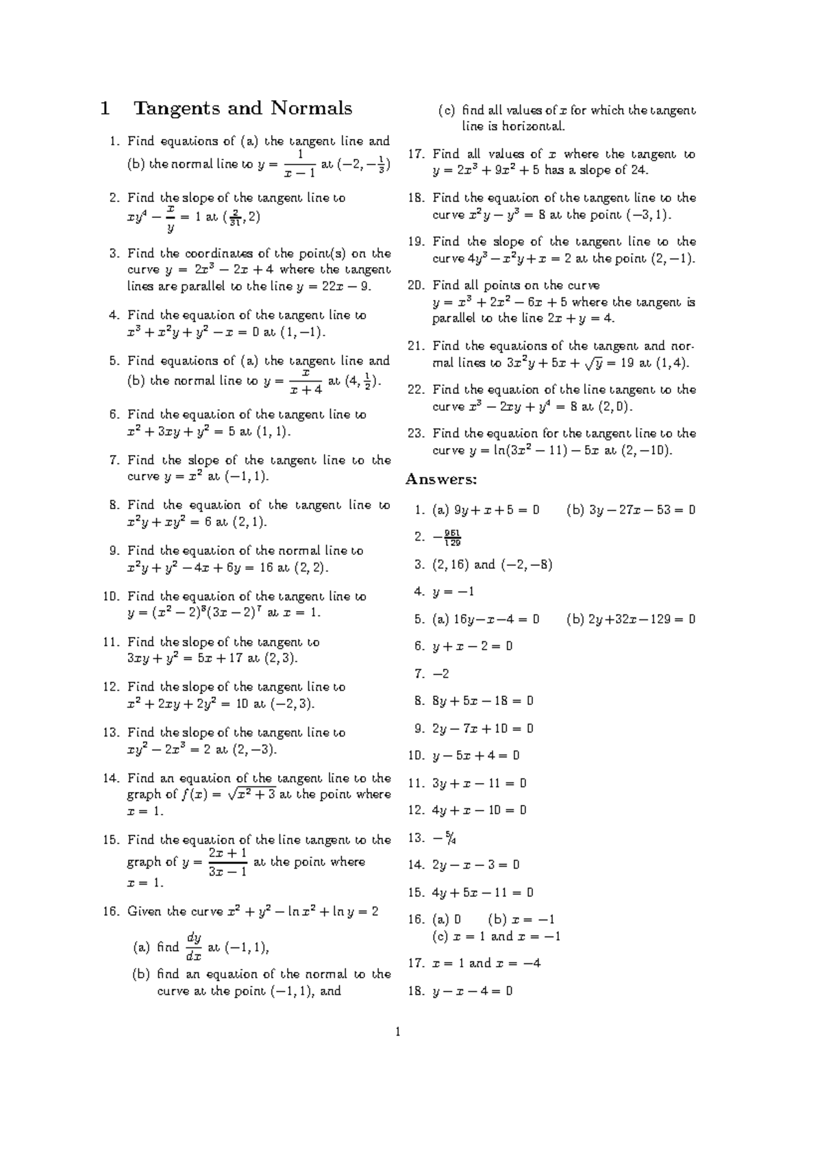 Tangents and normals - NOTES - 1 Tangents and Normals Find equations of ...