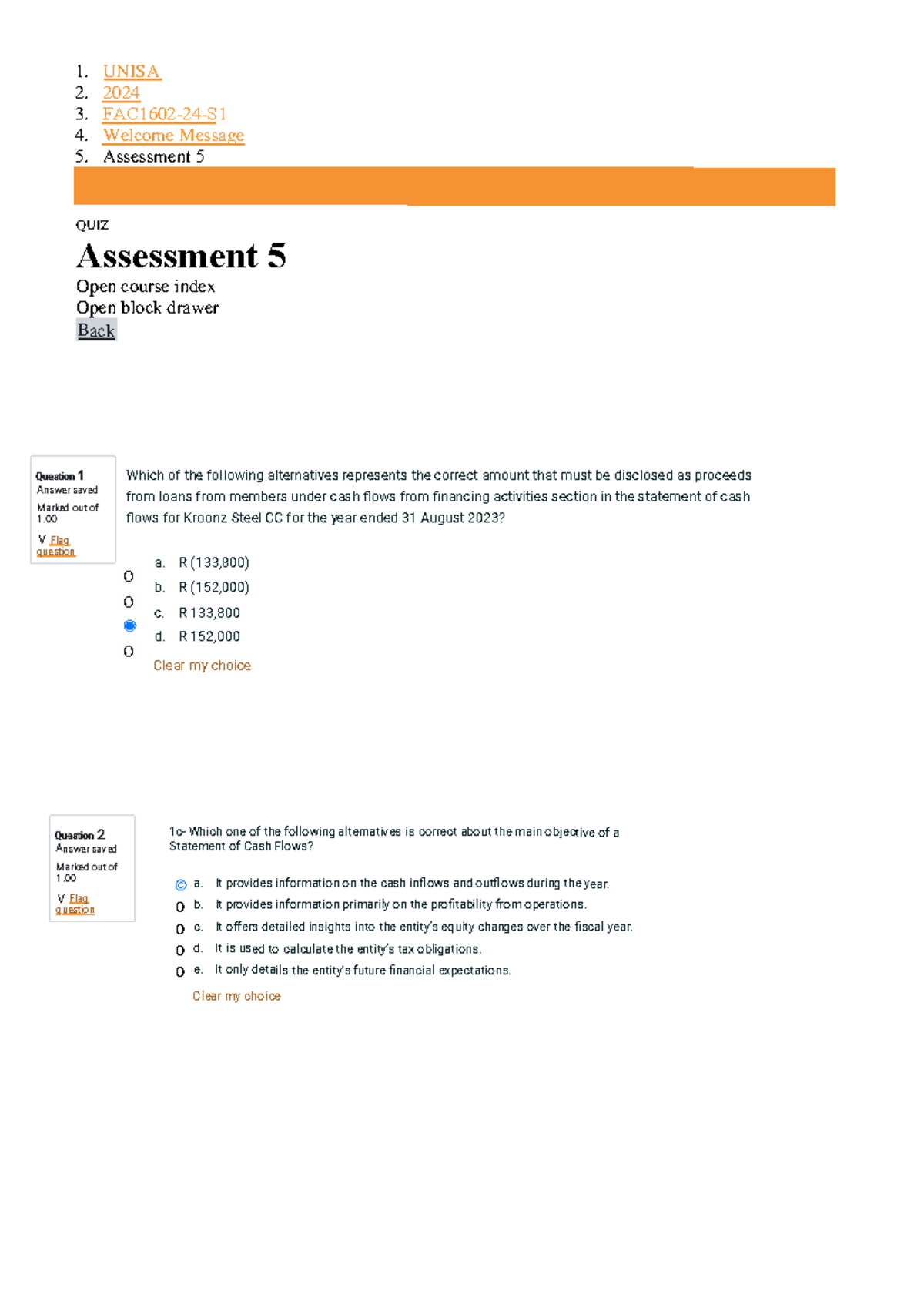 FAC1602 Assignment 5 Due 11 June 2024 - Answer saved Marked out of 00 ...