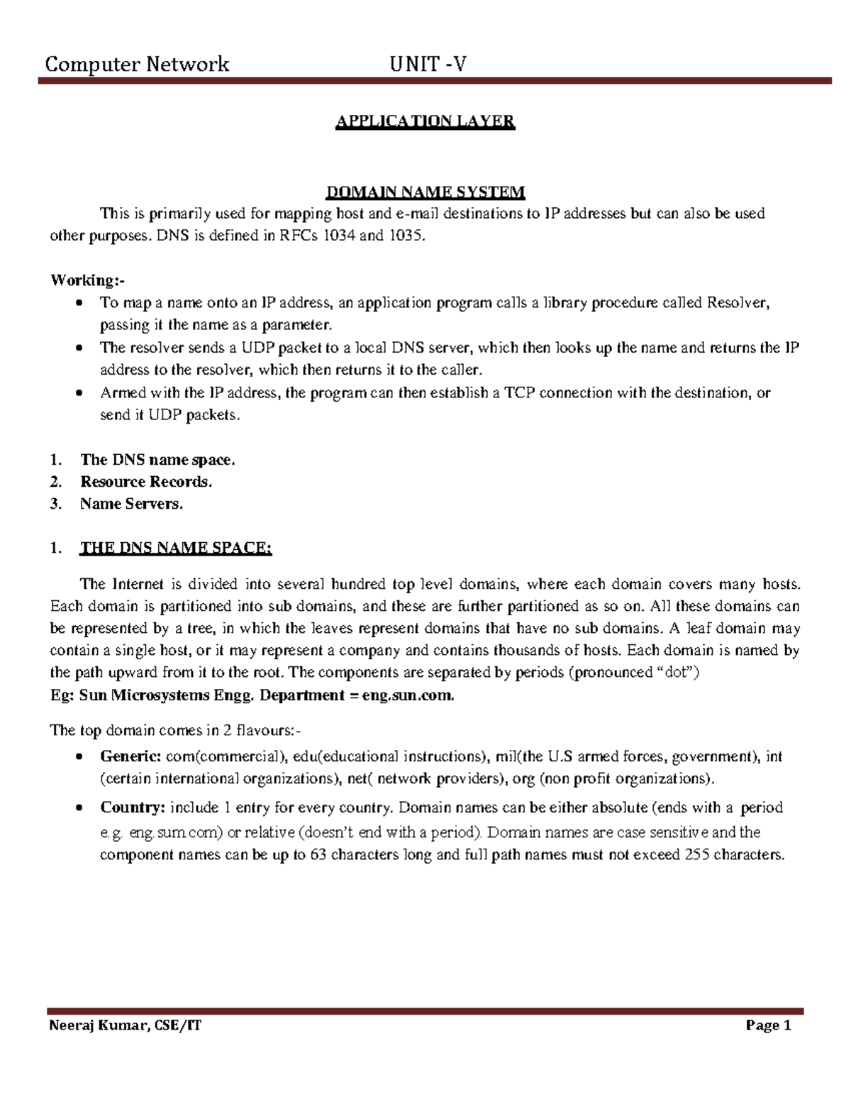 Unit V Application Layer Notes Application Layer Domain Name System This Is Primarily Used For 0101