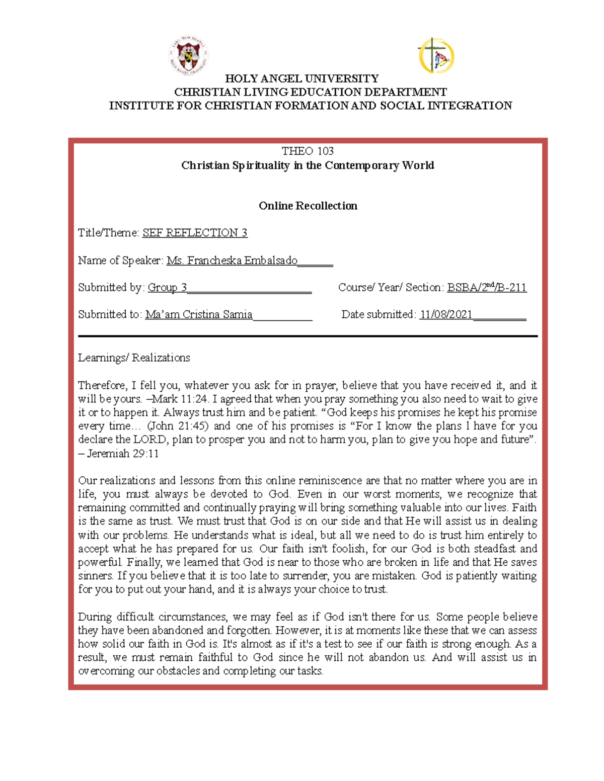 Reflection-Paper-SEF-3-Group 3 - Theology - Studocu