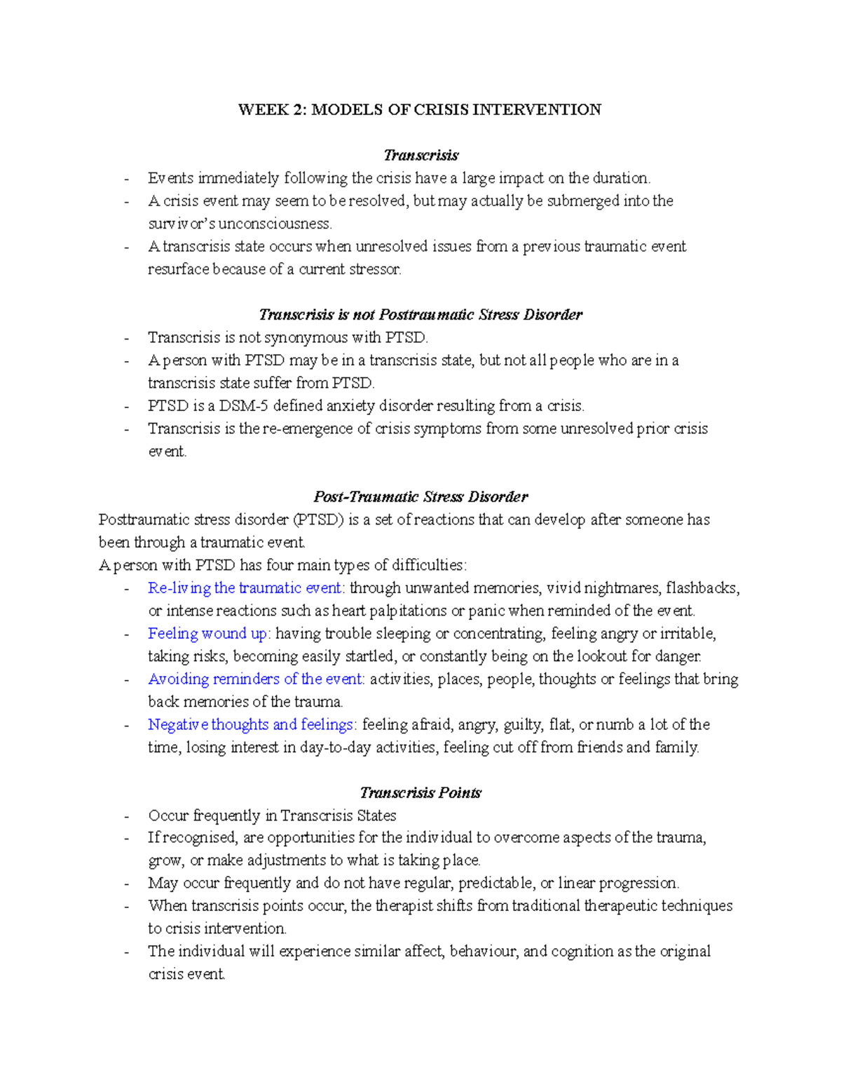 COU300 WEEK 2 Models OF Crisis Intervention Notes - WEEK 2: MODELS OF ...