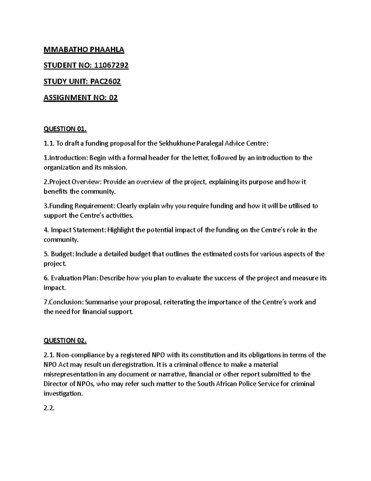 PAC2602 ASS02 - ASS03 - MMABATHO PHAAHLA STUDENT NO: 11067292 STUDY ...