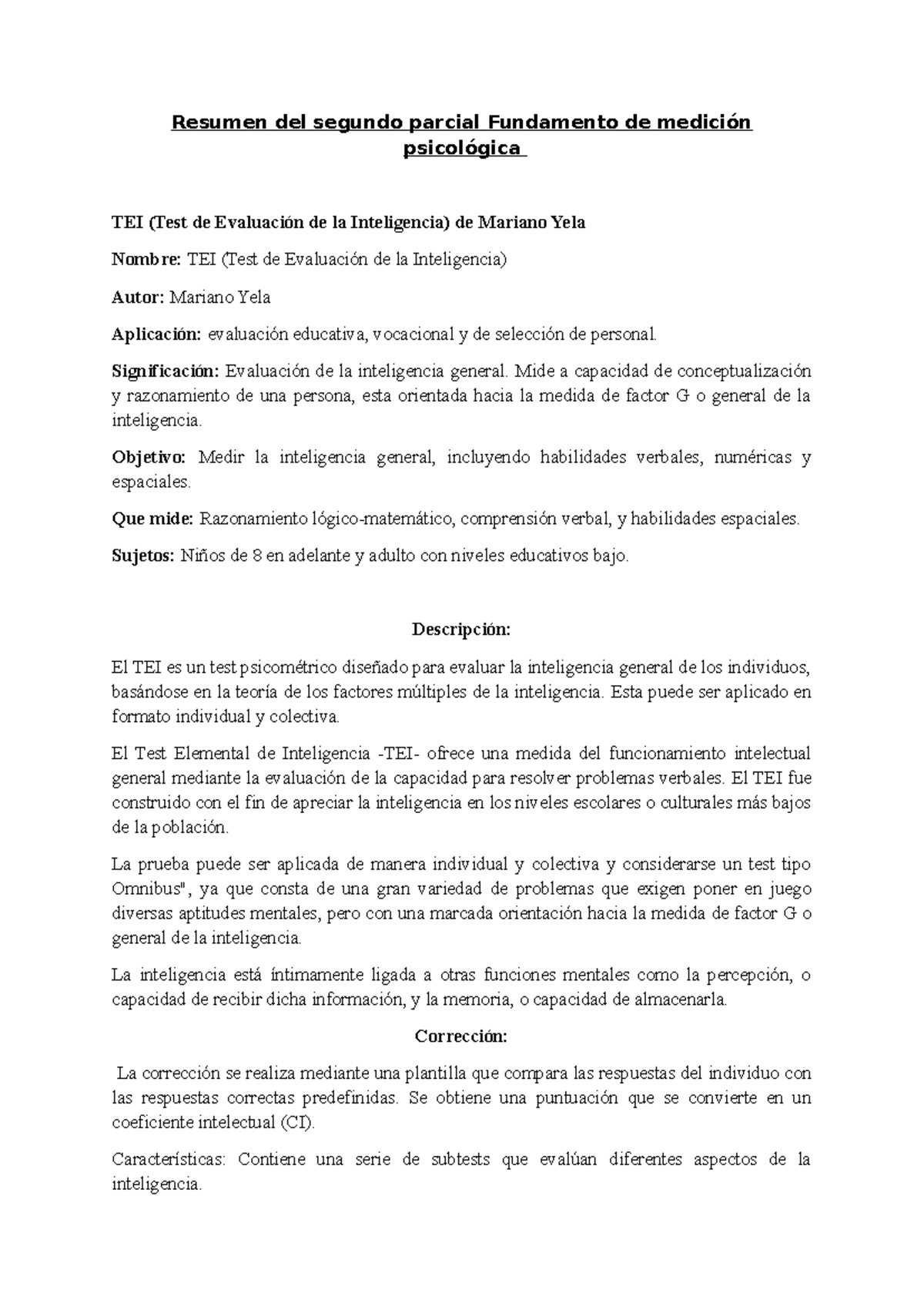 Resumen de Fundamento - Resume des los tests TEI, CAP-ADU Y CAP-ADO ...