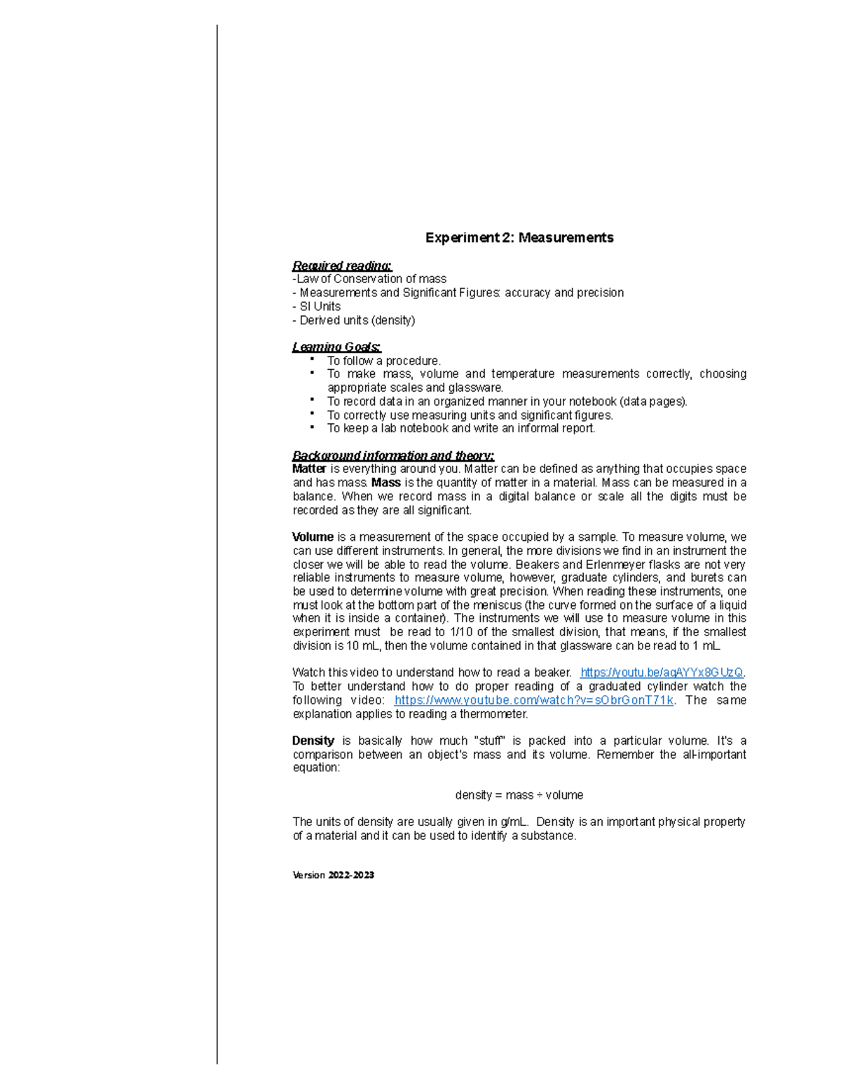 Chemistry 1411 Lab - Experiment 2: Measurements Required reading: -Law ...