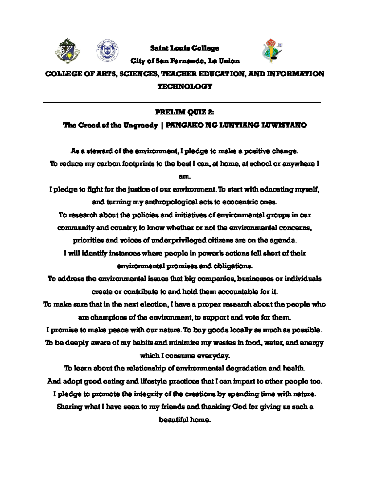 Promises 3 - Examples of notes - Saint Louis College City of San Fer ...