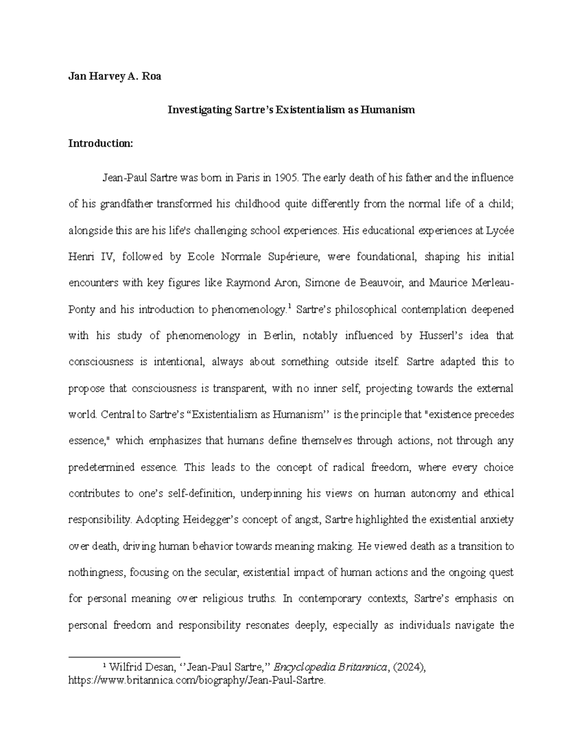Finalist-JAN ROA- Existentialism - Jan Harvey A. Roa Investigating ...