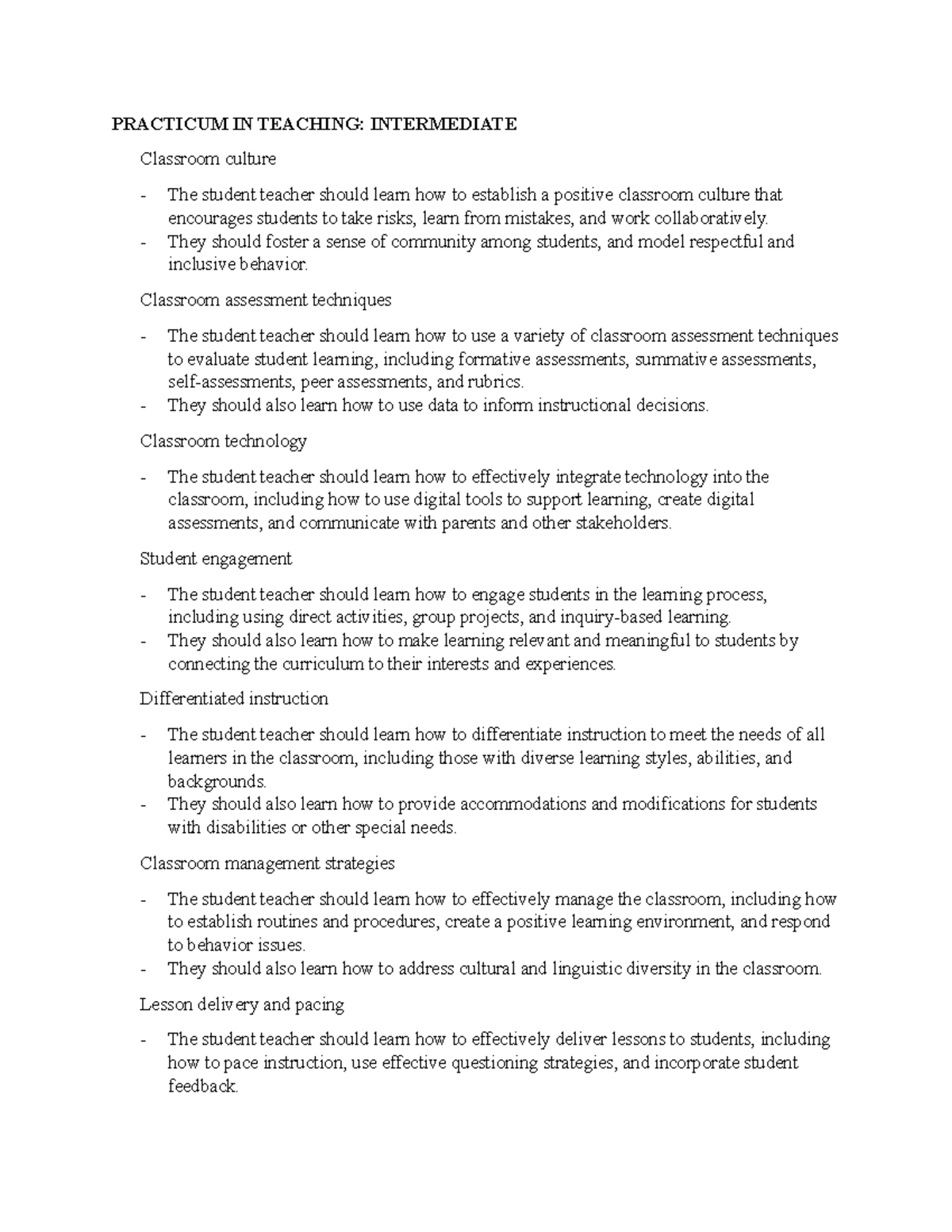 Practicum IN Teaching Notes 2 - PRACTICUM IN TEACHING: INTERMEDIATE ...