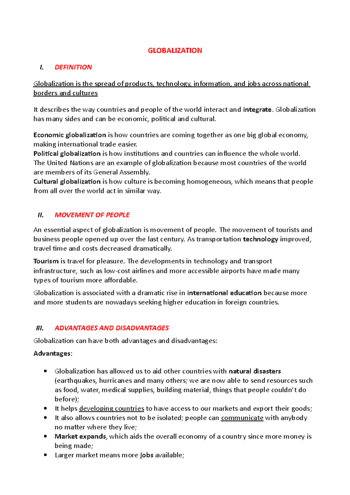 Globalization - schema - GLOBALIZATION I. DEFINITION Globalization is ...