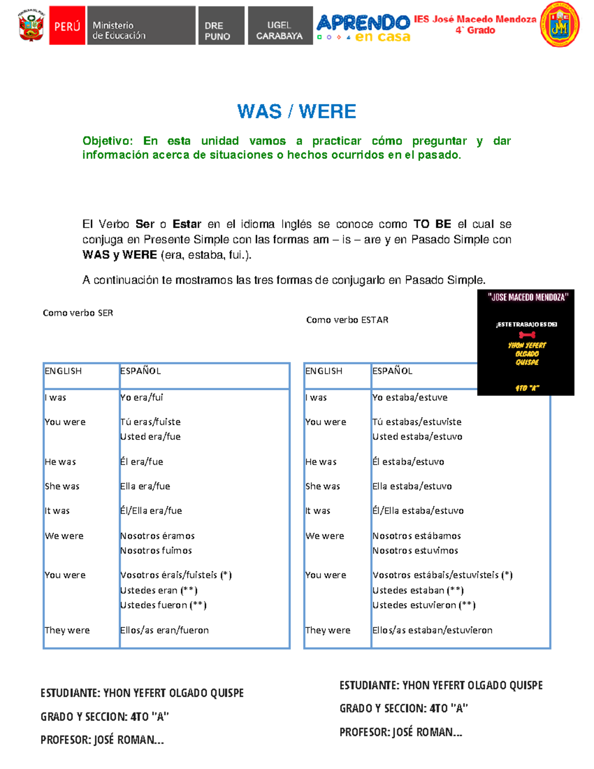 WAS - WERE - Actividad DEL 8 DE Noviembre - WAS / WERE Objetivo: En ...