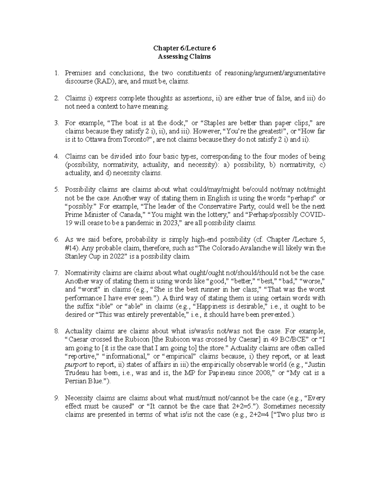 Chapter 6 - Lecture Notes - Chapter 6/Lecture 6 Assessing Claims ...