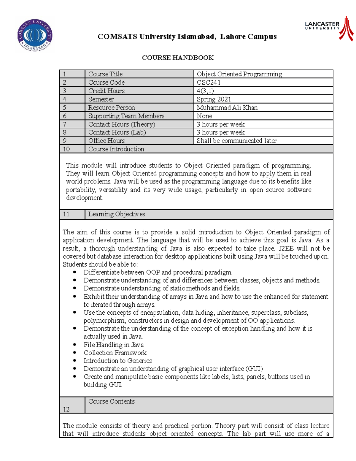 1. Course Handbook-OOP - COMSATS University Islamabad, Lahore Campus ...