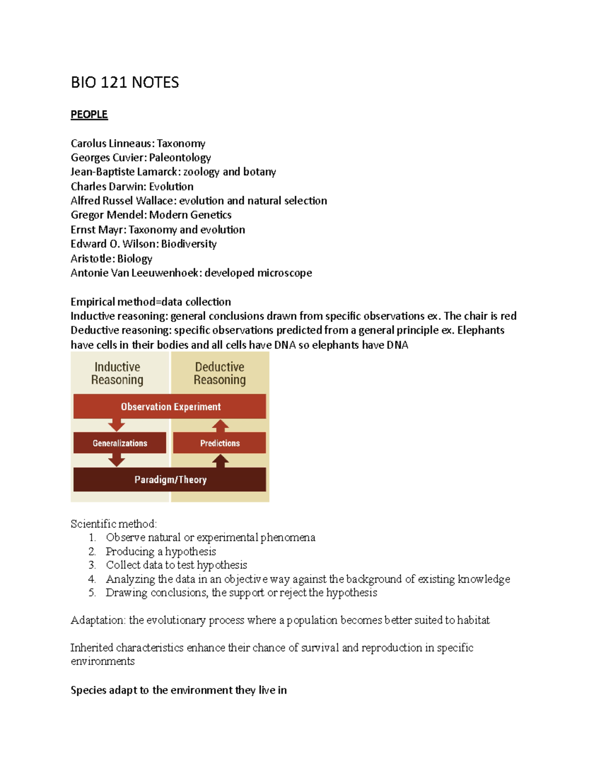 BIO 121 Notes - BIO 121 NOTES PEOPLE Carolus Linneaus: Taxonomy Georges ...