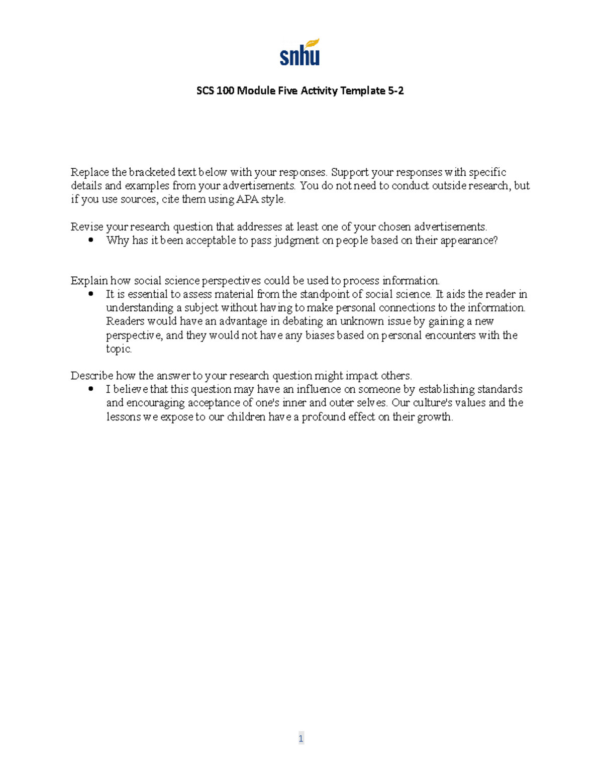 SCS 100 Module Five Activity 5-2 DONE - SCS 100 Module Five Activity ...