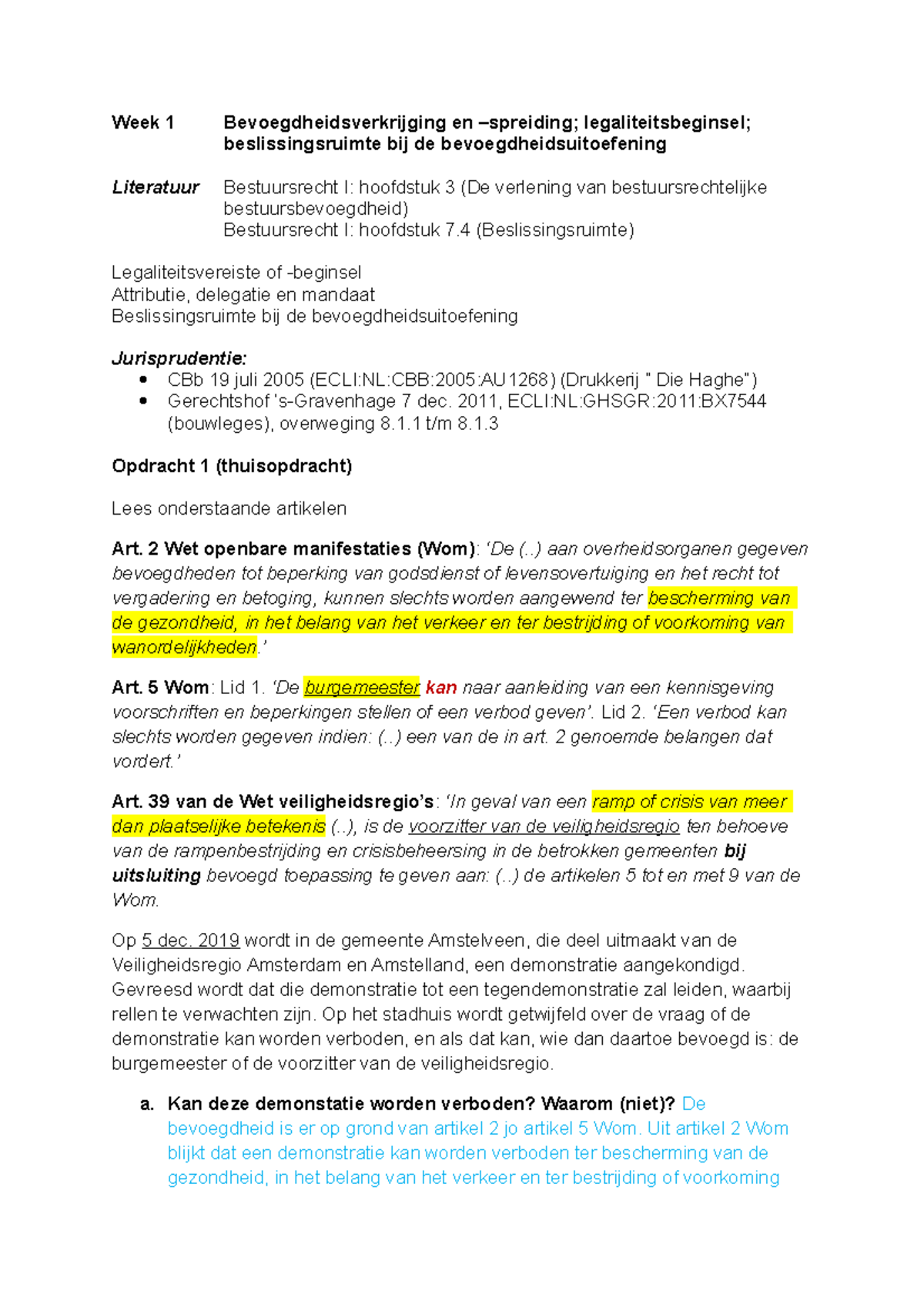 Bestuursrecht werkgroep week 1 - Week 1 Bevoegdheidsverkrijging en –spreiding ...