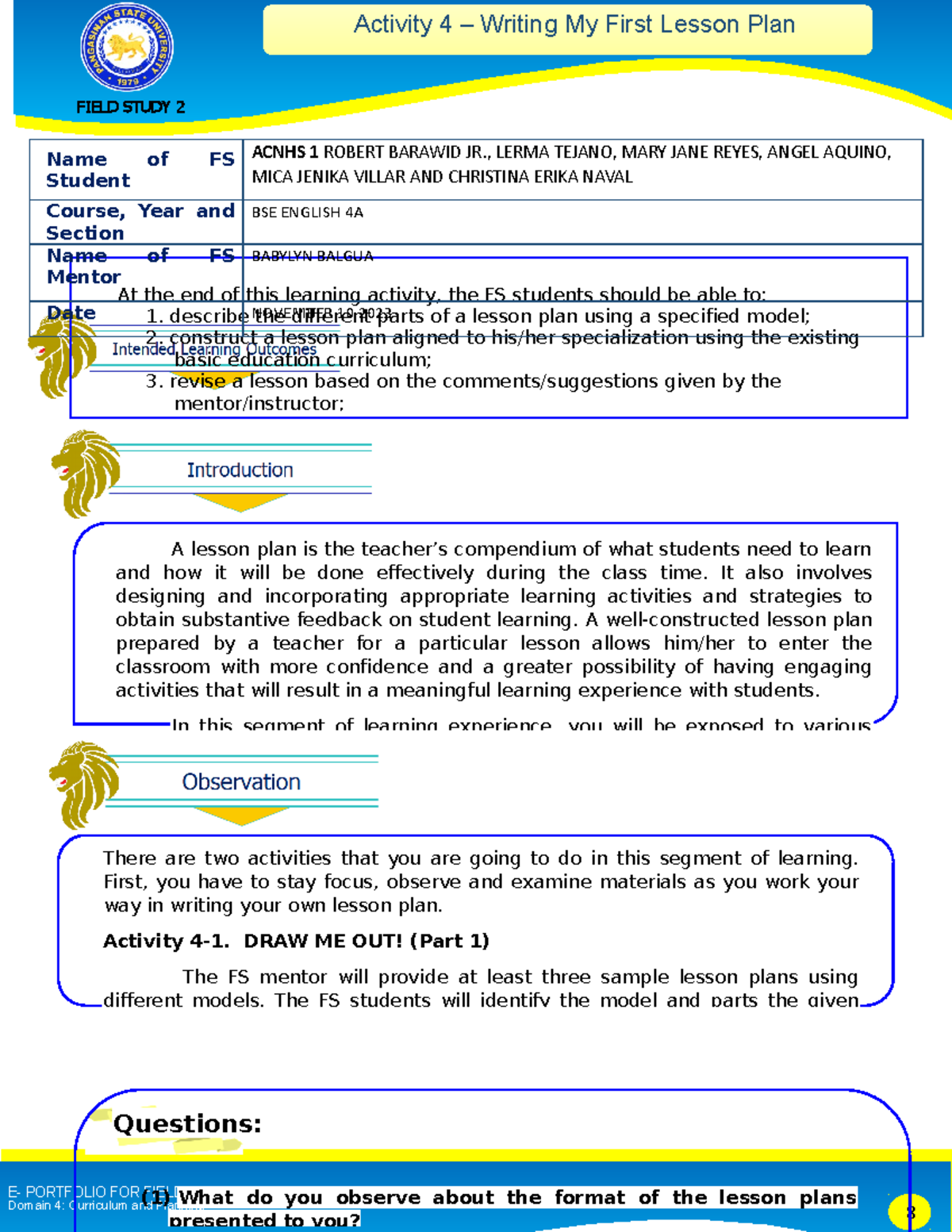 FS 2 Activity 4 - E- PORTFOLIO FOR FIELD STUDY 2 Domain 4: Curriculum ...
