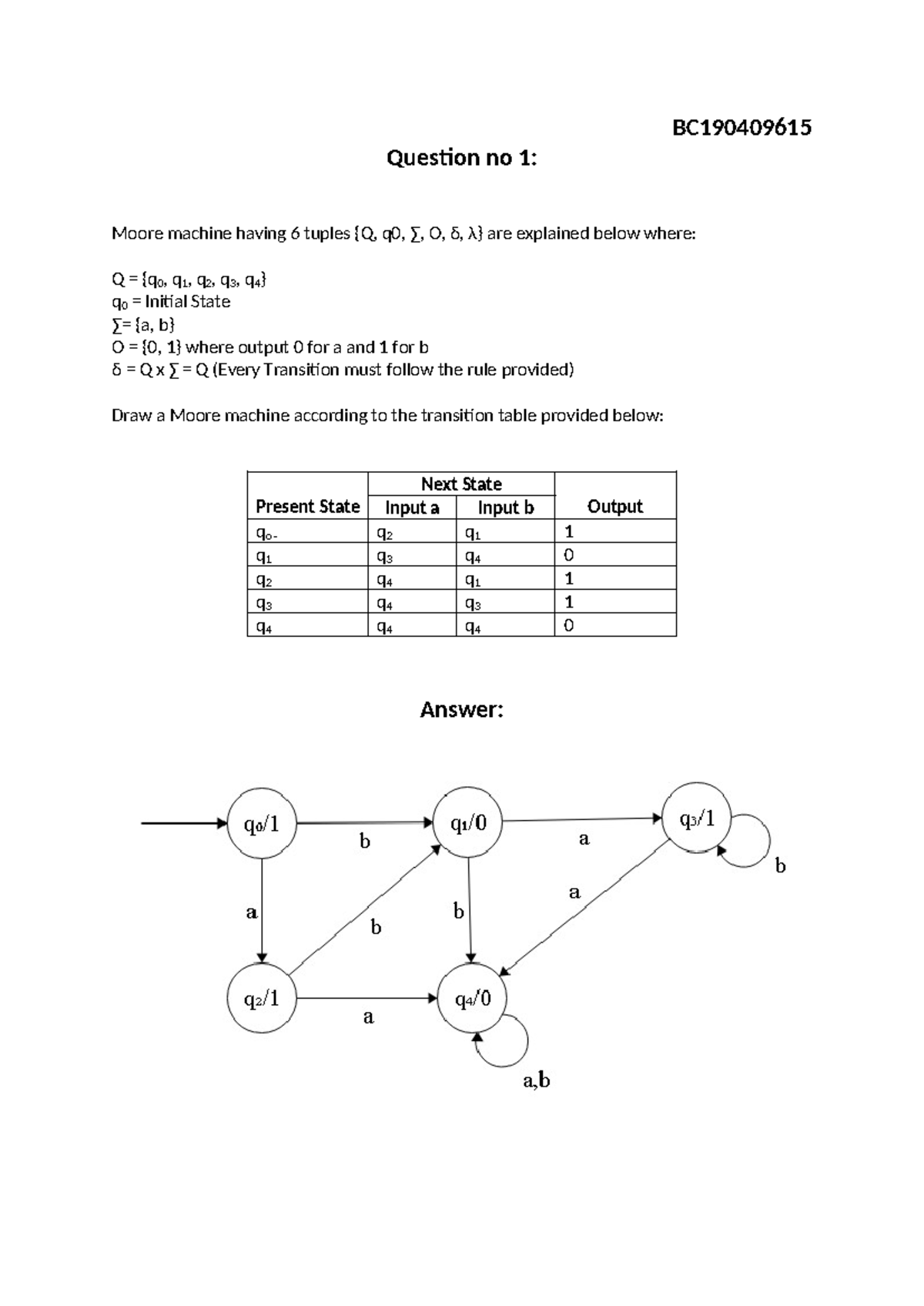 Moore's Machine Assignment - BC Question no 1: Moore machine having 6 ...